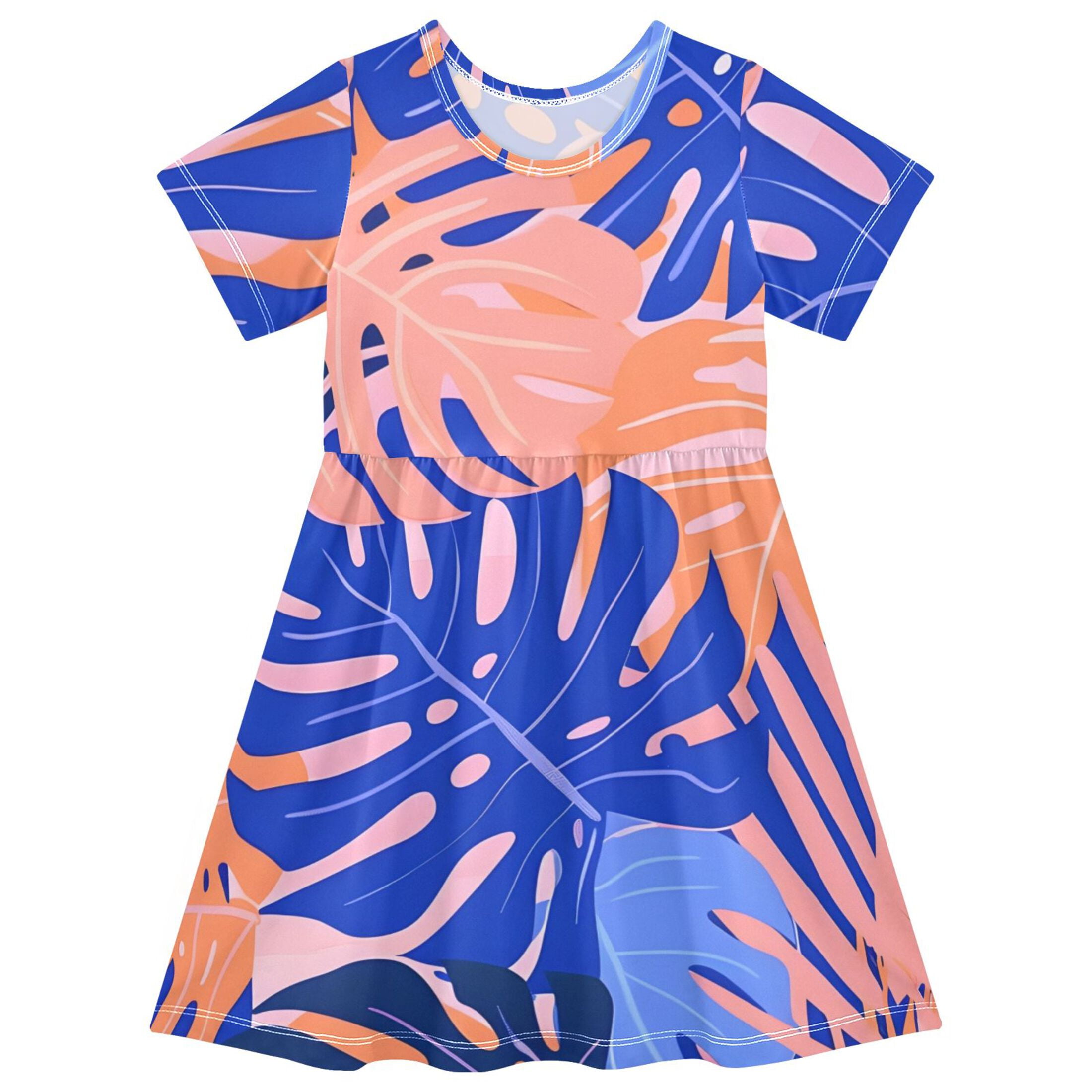 Colorful Palm Leaves Girls' Short Sleeve Dress A-Line One-Piece Dress ...