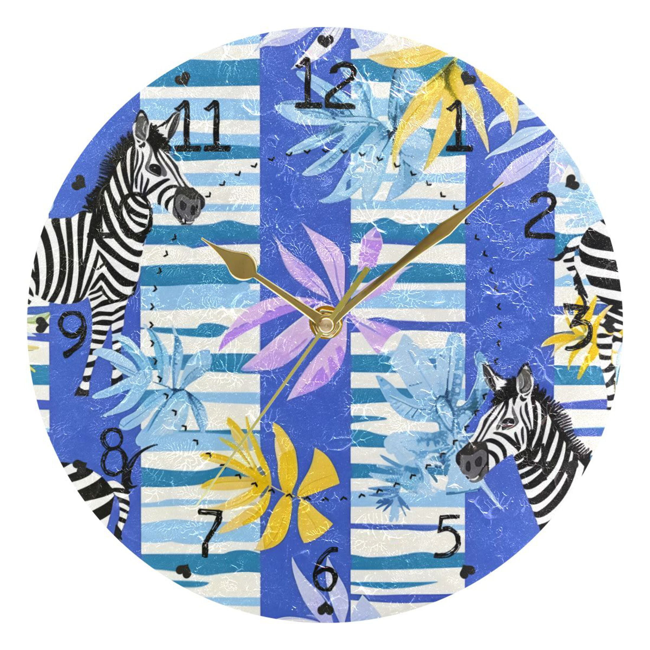 Colorful Palm Leaves Zebras Round Wall Clock Silent Analog Battery ...