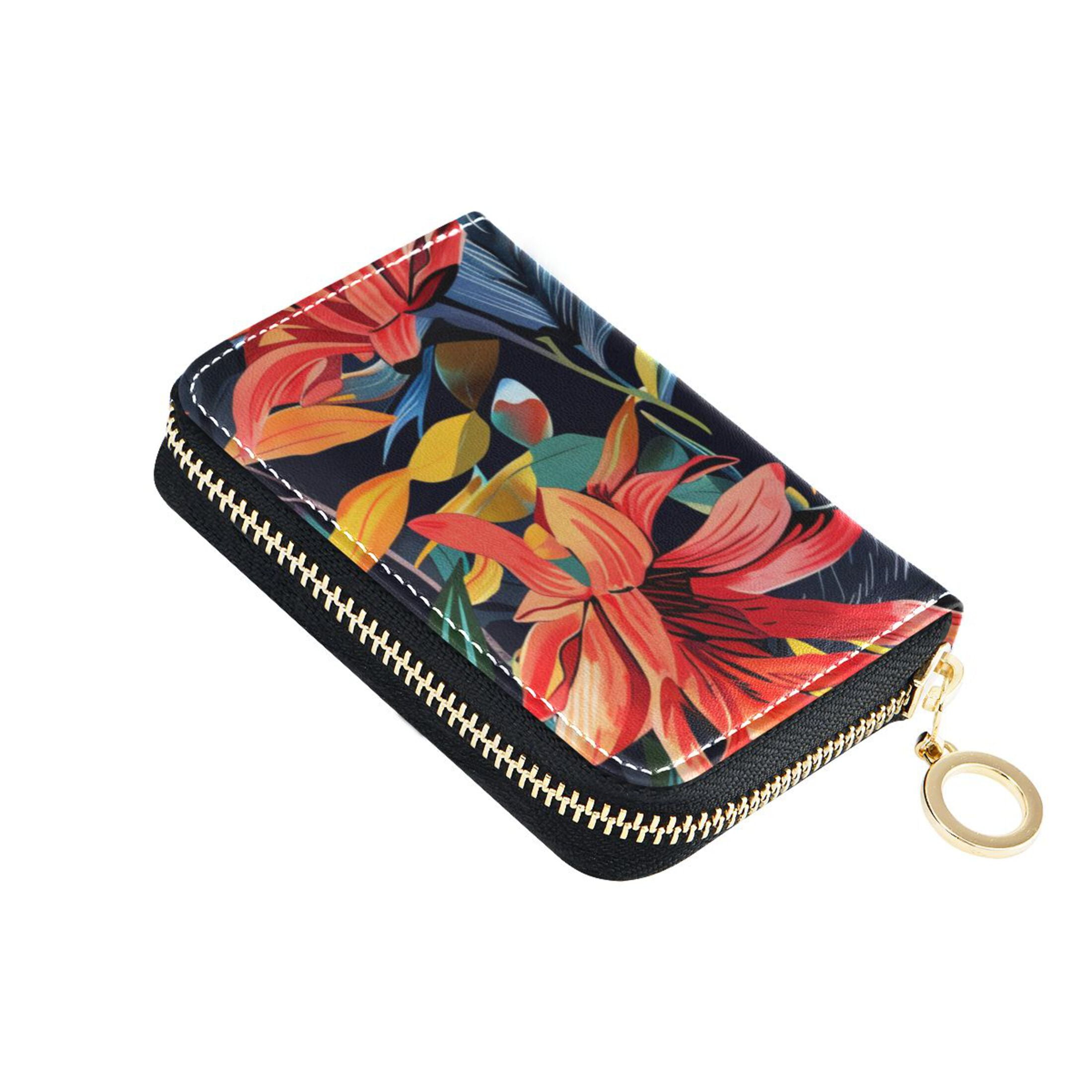 Colorful Palm Tree Leaves Women's Credit Card Holder PU Leather Zipper ...