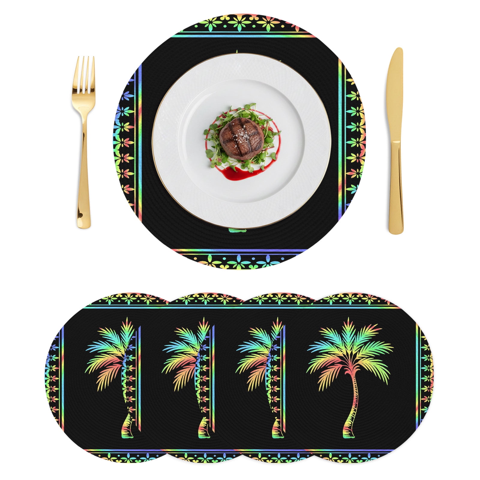 Colorful Palm Tree Round Placemats Set of 4 Summer Tropical Plants ...
