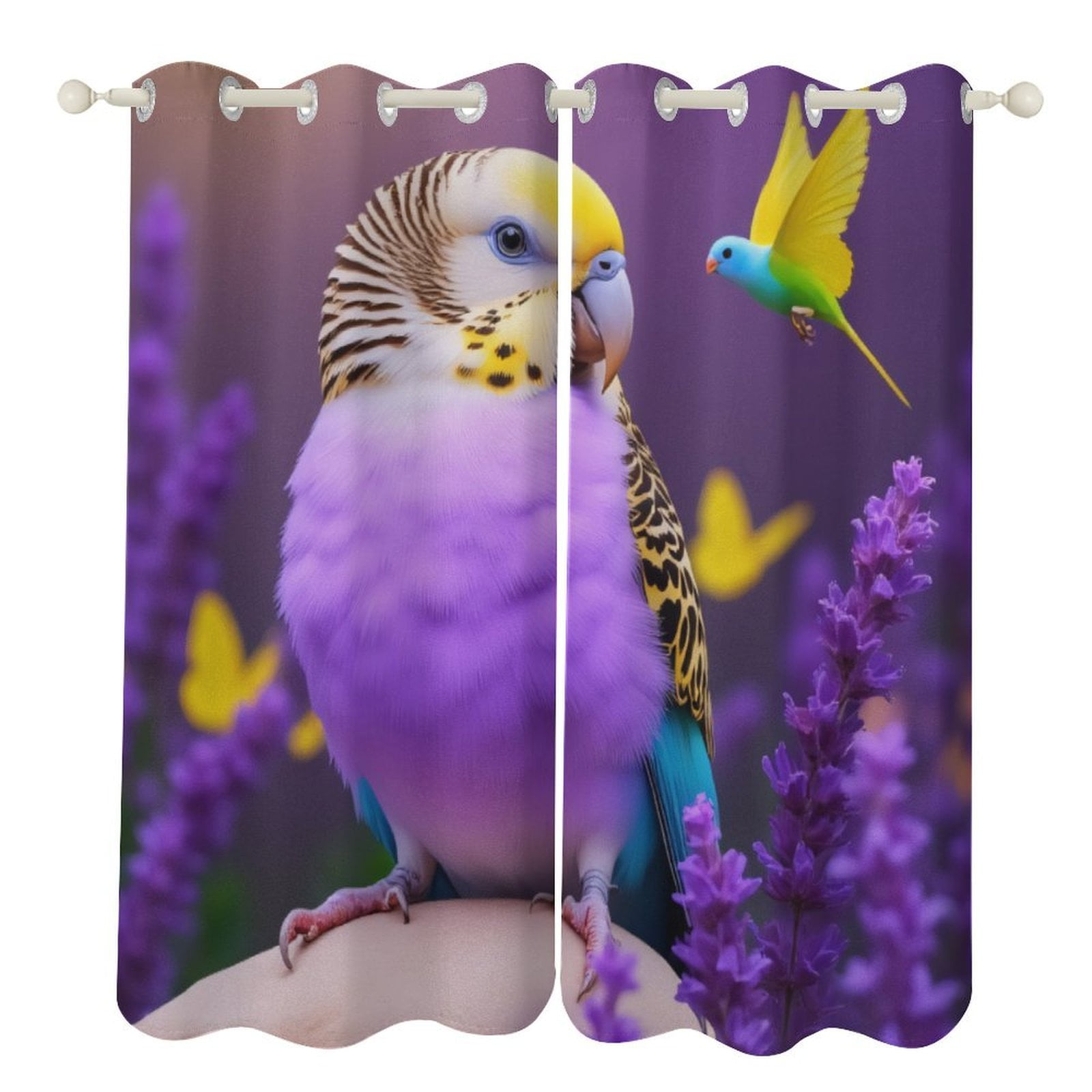 Colorful Parakeets in Lavender Field Luxury Window Curtains Blinds for ...