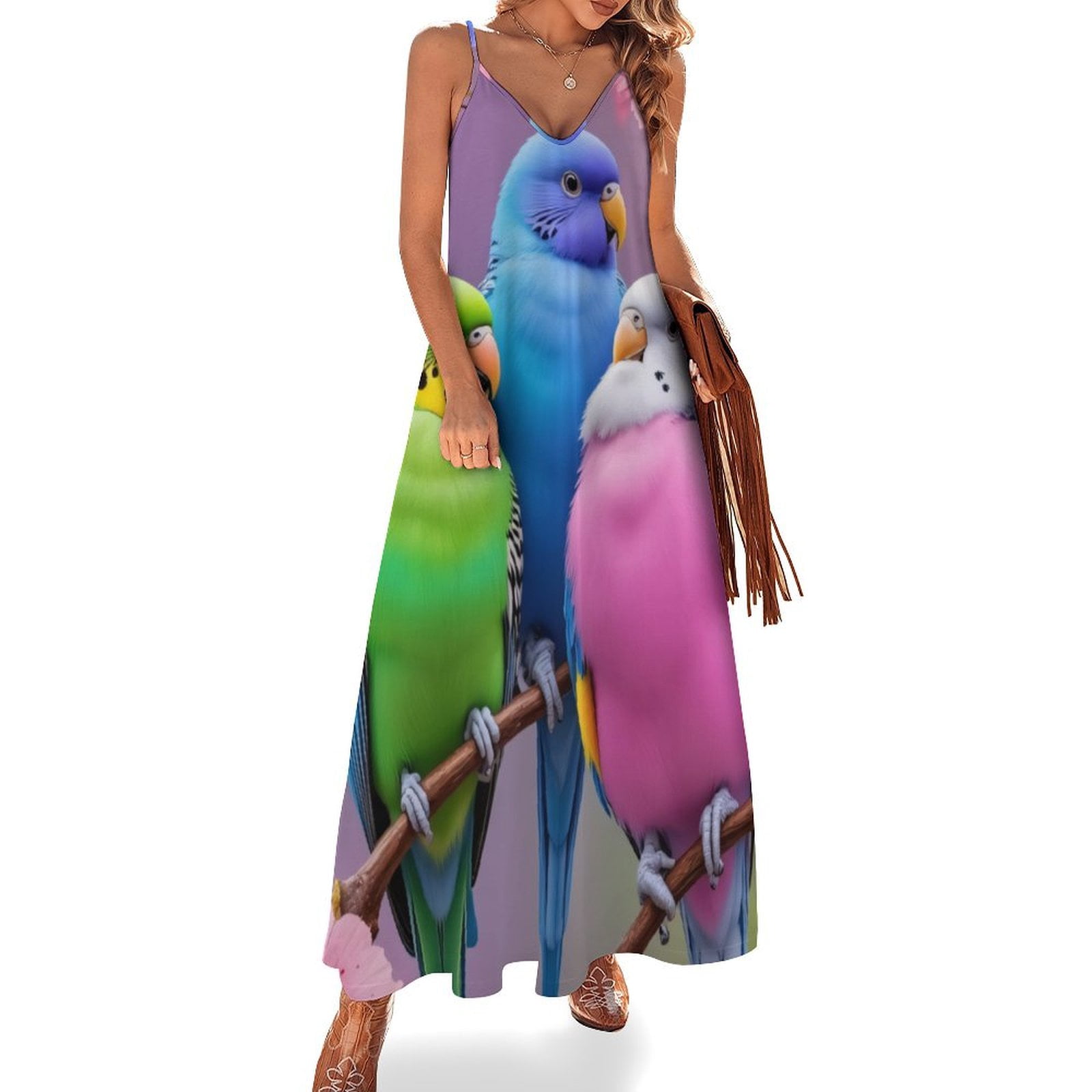 Colorful Parakeets on Branch Sleeveless Dress Women's Luxury Party ...