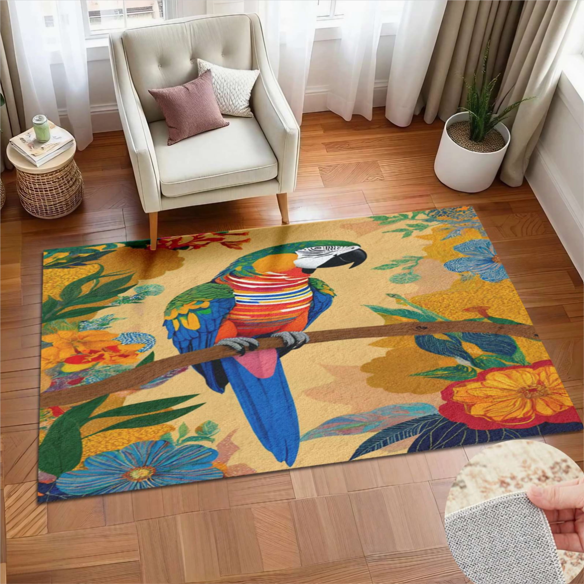 Colorful Parrot Art Print Soft Large Area Rugs Washable Rug With Non ...