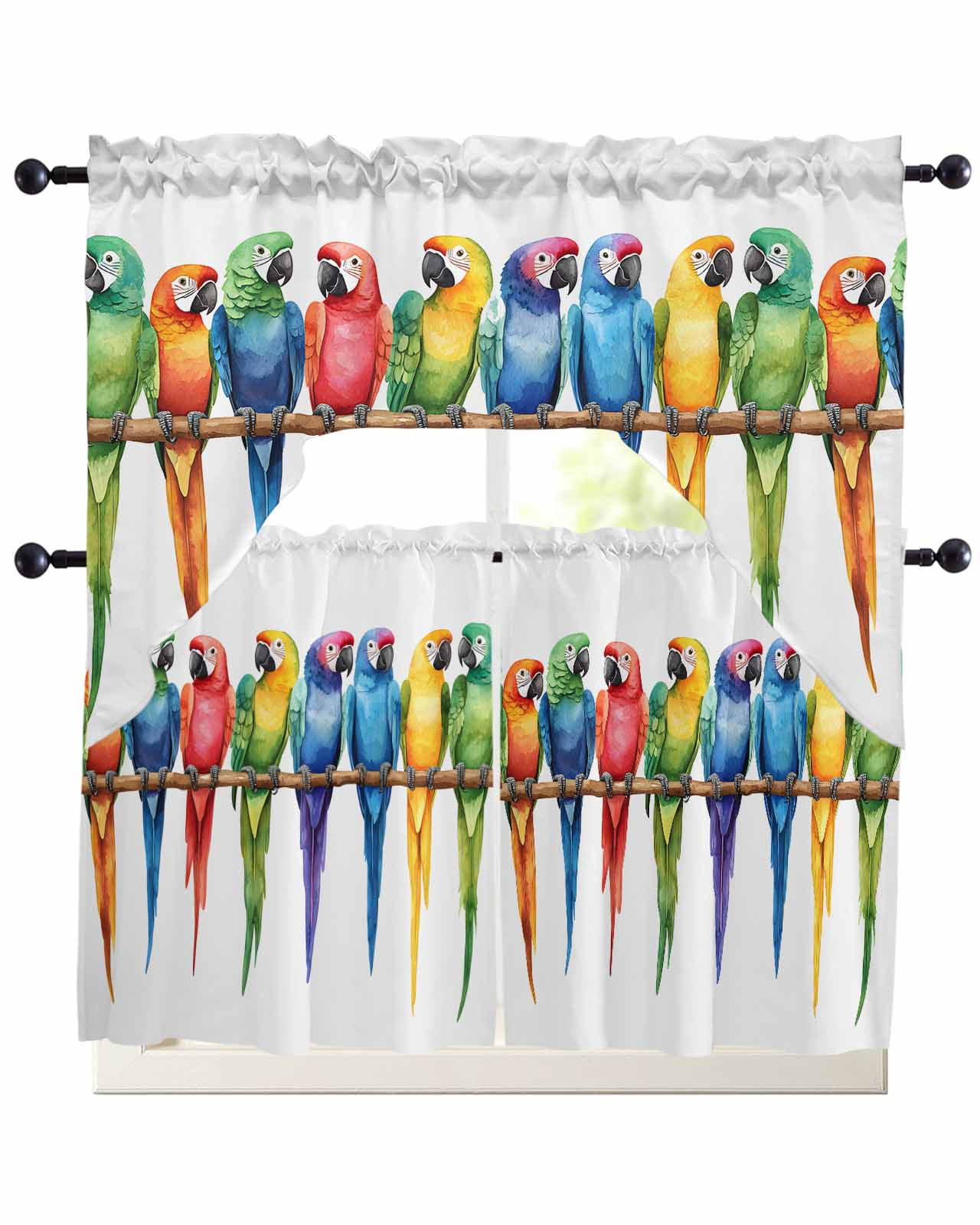 Colorful Parrot Kitchen Curtains Sets 36 Inch Length with Valance ...