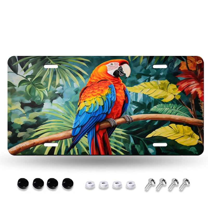 Colorful Parrot Sitting on Tree Branch in Rainforest License Plate ...