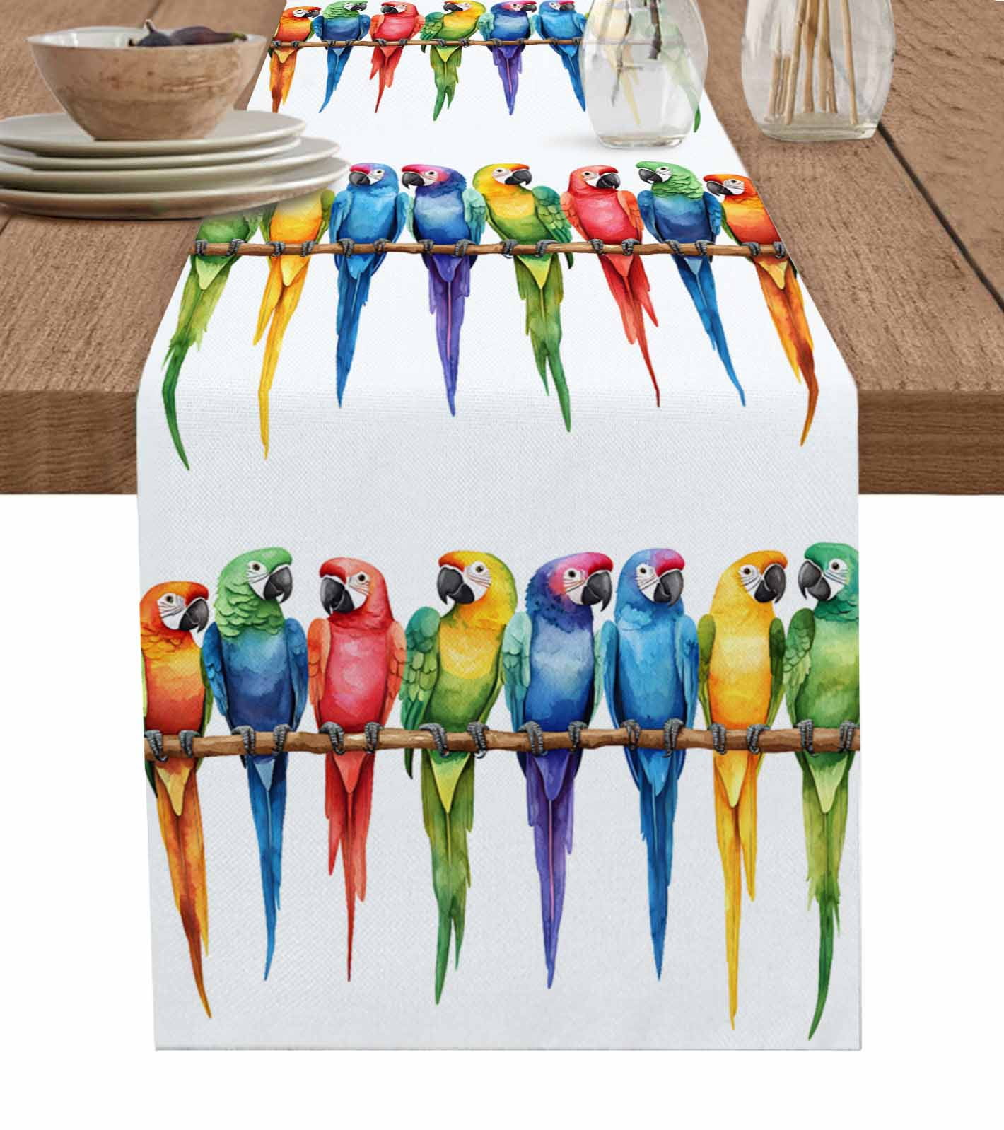 Colorful Parrot Table Runner Cotton Linen 90 Inch Holiday Dresser ...