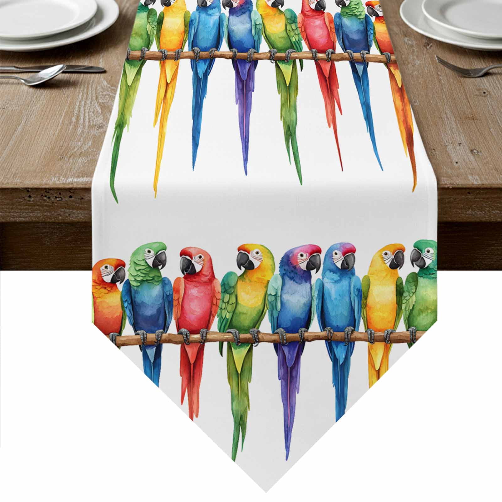 Colorful Parrot Table Runner Linen Burlap Table Runner 60 Inches Long ...