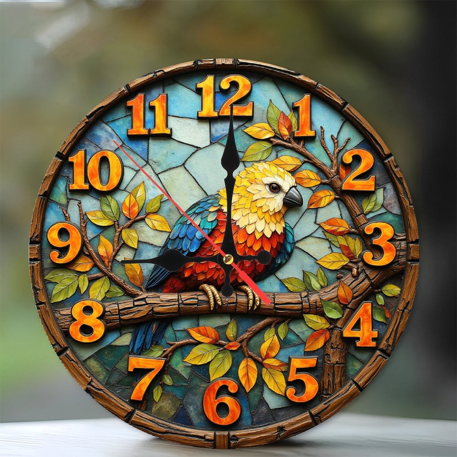Colorful Parrot Wall Clock with Leaf Design And Numerals 10-Inch Silent ...