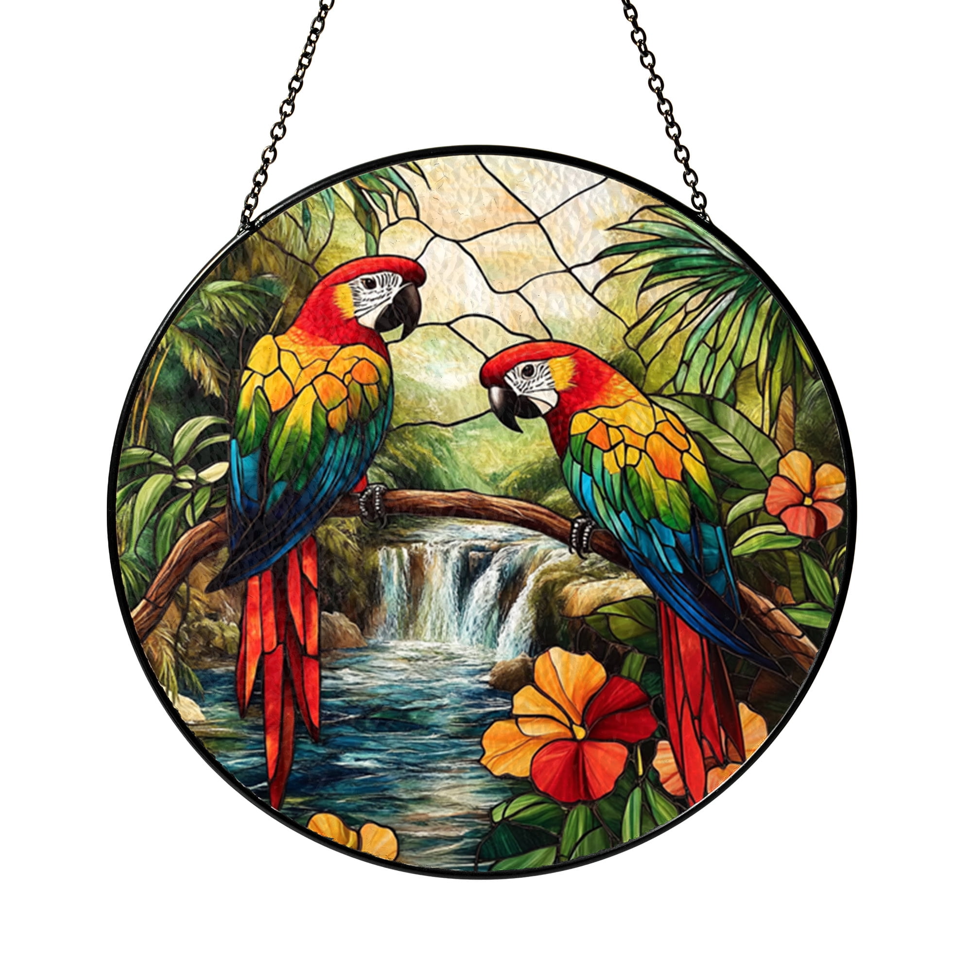 Colorful Parrots River Scene Stained Glass Style Suncatcher, Window ...