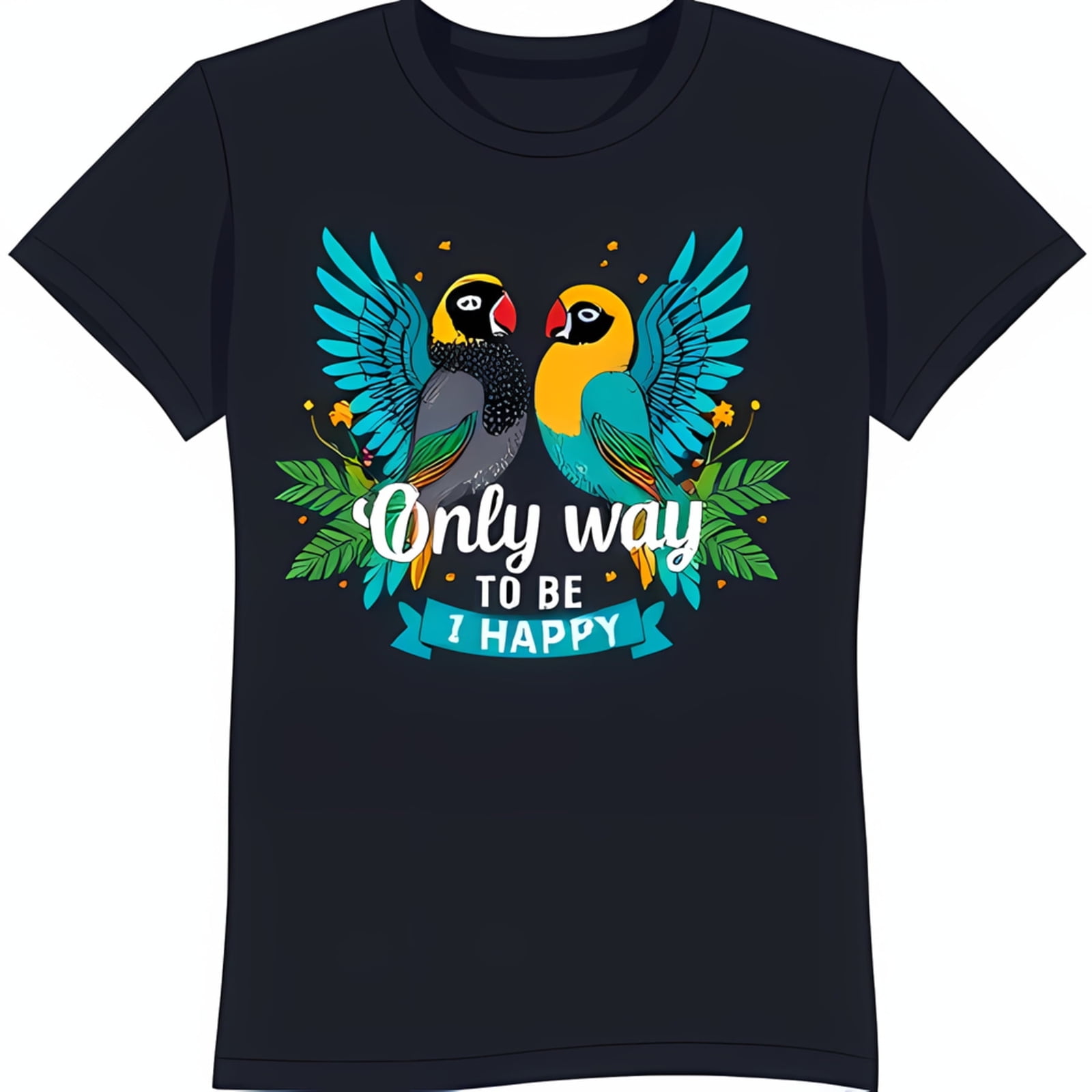Colorful Parrots and Floral Design Black T-Shirt 'Only Way to Be I ...