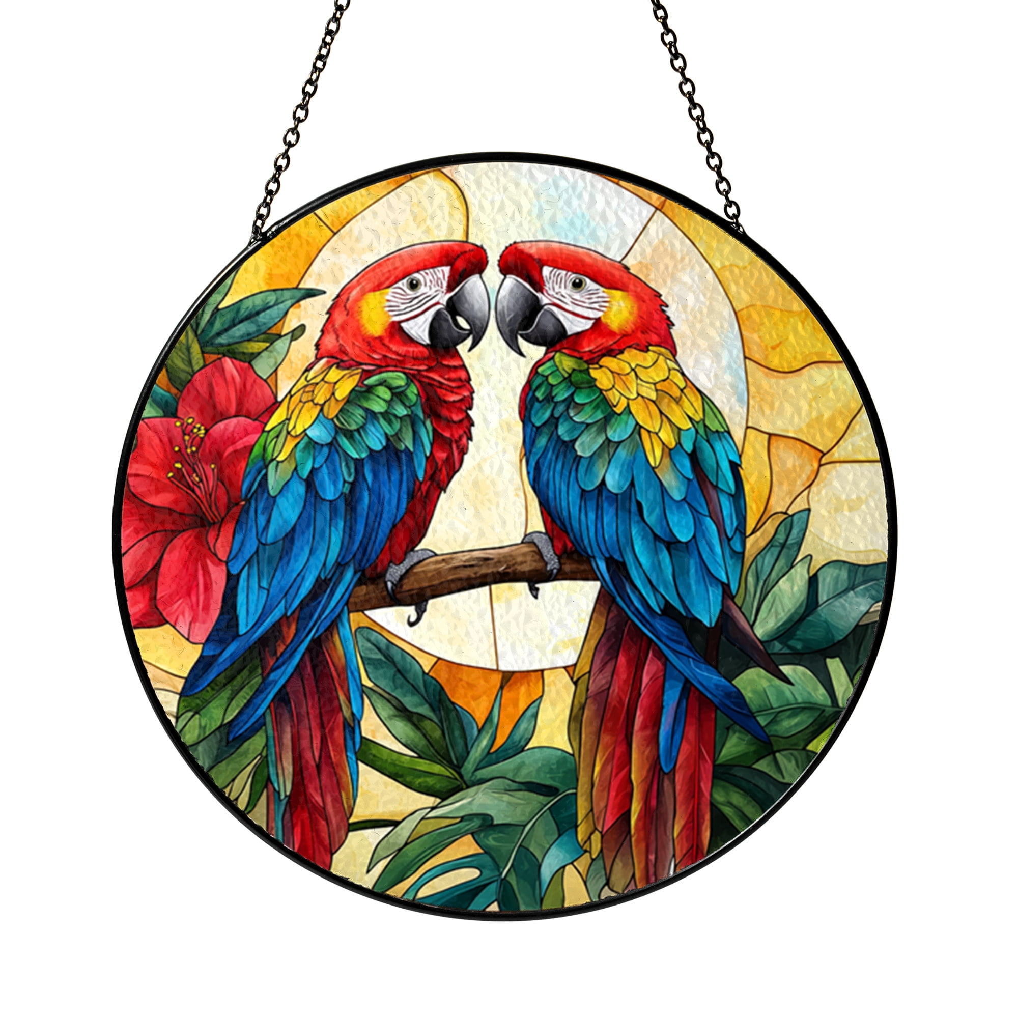 Colorful Parrots with Tropical Flowers Stained Glass Style Suncatcher ...