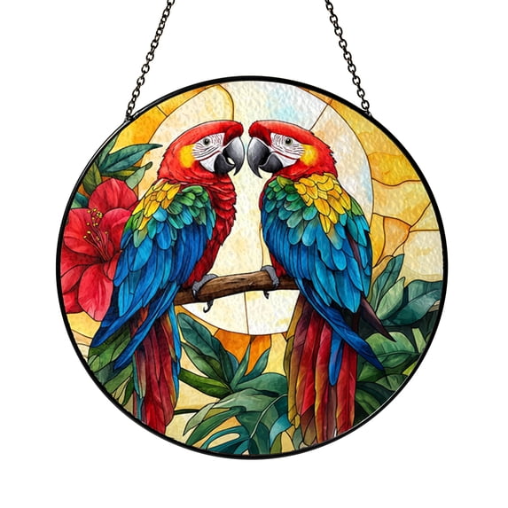 Colorful Parrots with Tropical Flowers Stained Glass Style Suncatcher ...