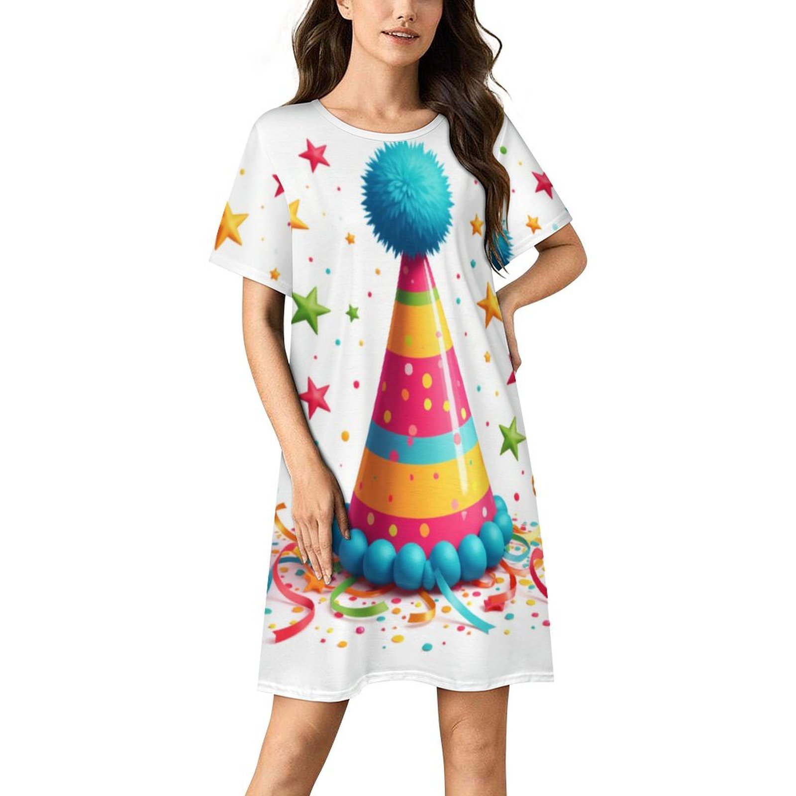 Colorful Party Hat Celebration Women Nightgown Sleepwear Short Sleeves ...