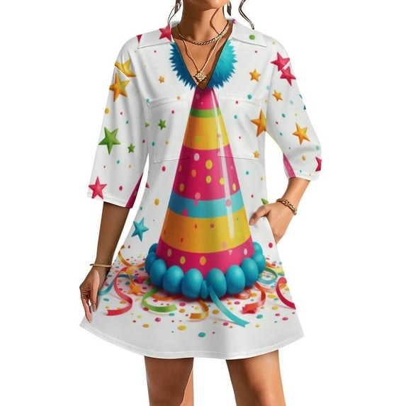 Colorful Party Hat Celebration Womens Dress With Pockets Summer V Neck ...