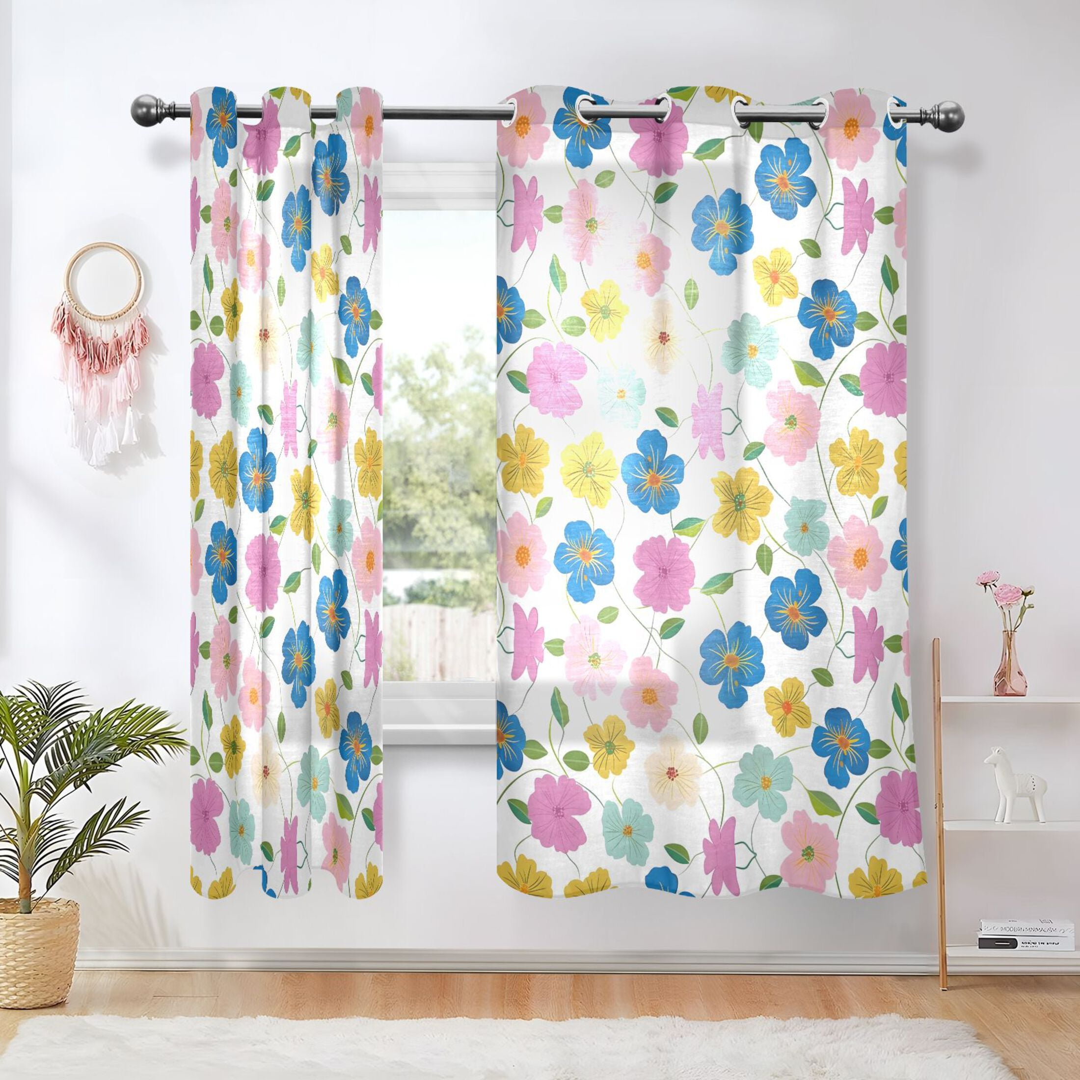 Colorful Pastel Flowers Sheer Curtains 2 Panels Set Grommet Drapes for ...