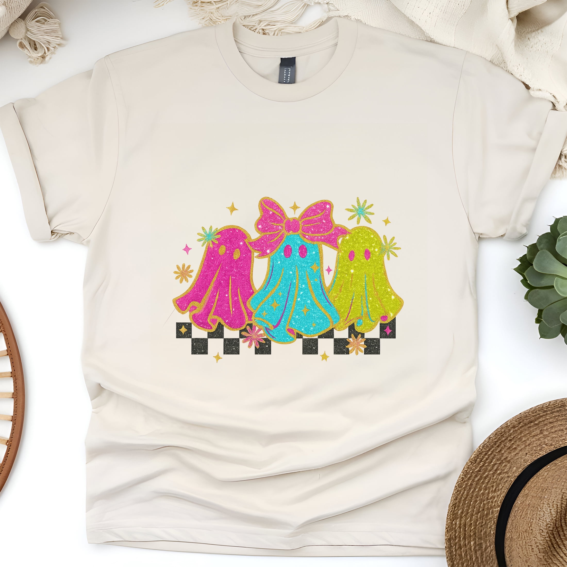 Colorful Pastel Ghosts with Bow and Flowers Halloween Party Tee ...