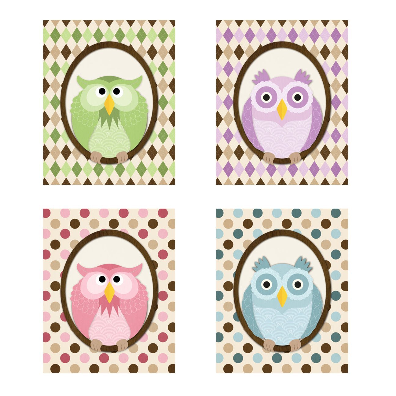 Colorful Pastel Polka Dot and Argyle Retro Graphic Owls; Four Cute 8x10 ...