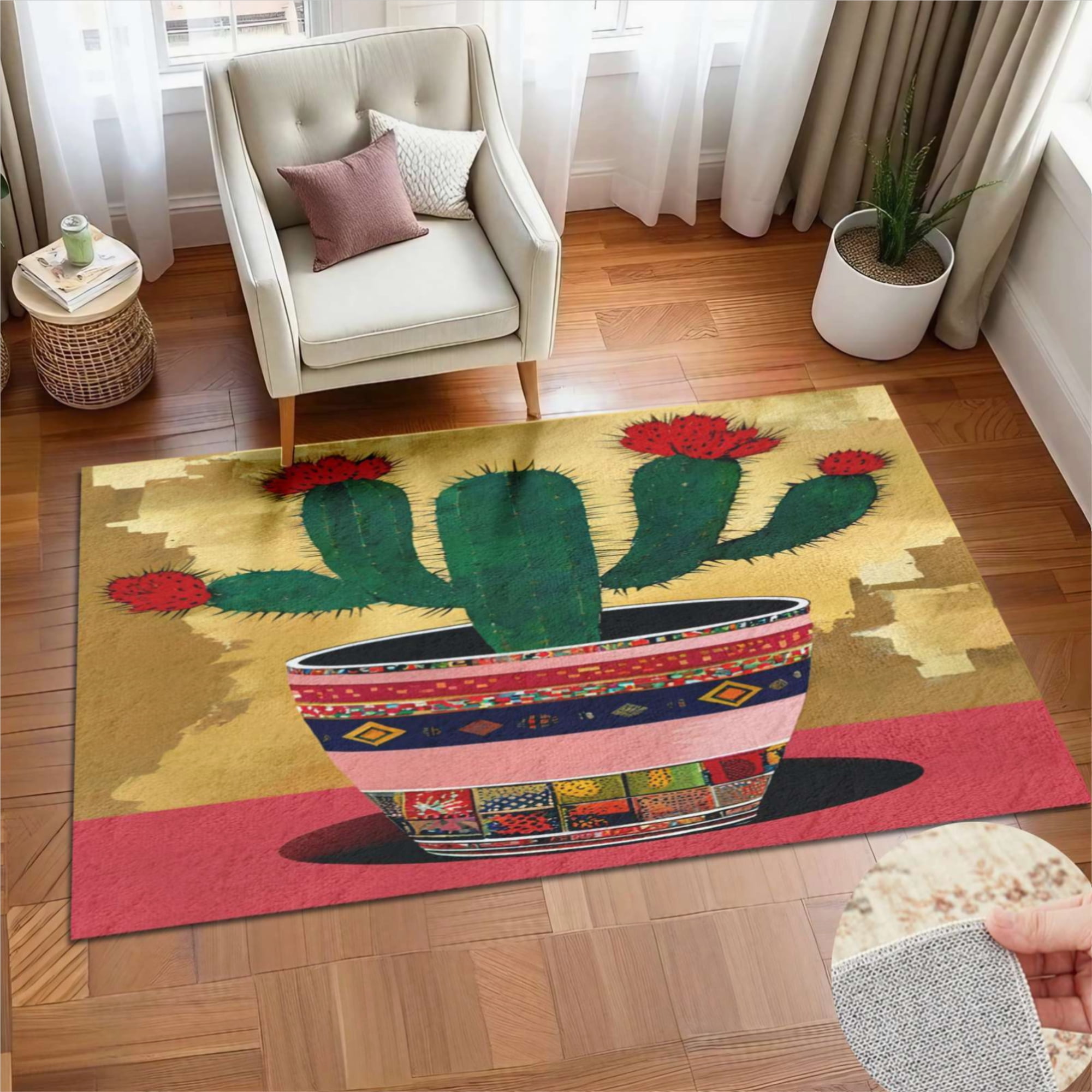 Colorful Patchwork Cactus Pot Soft Large Area Rugs Washable Rug With ...