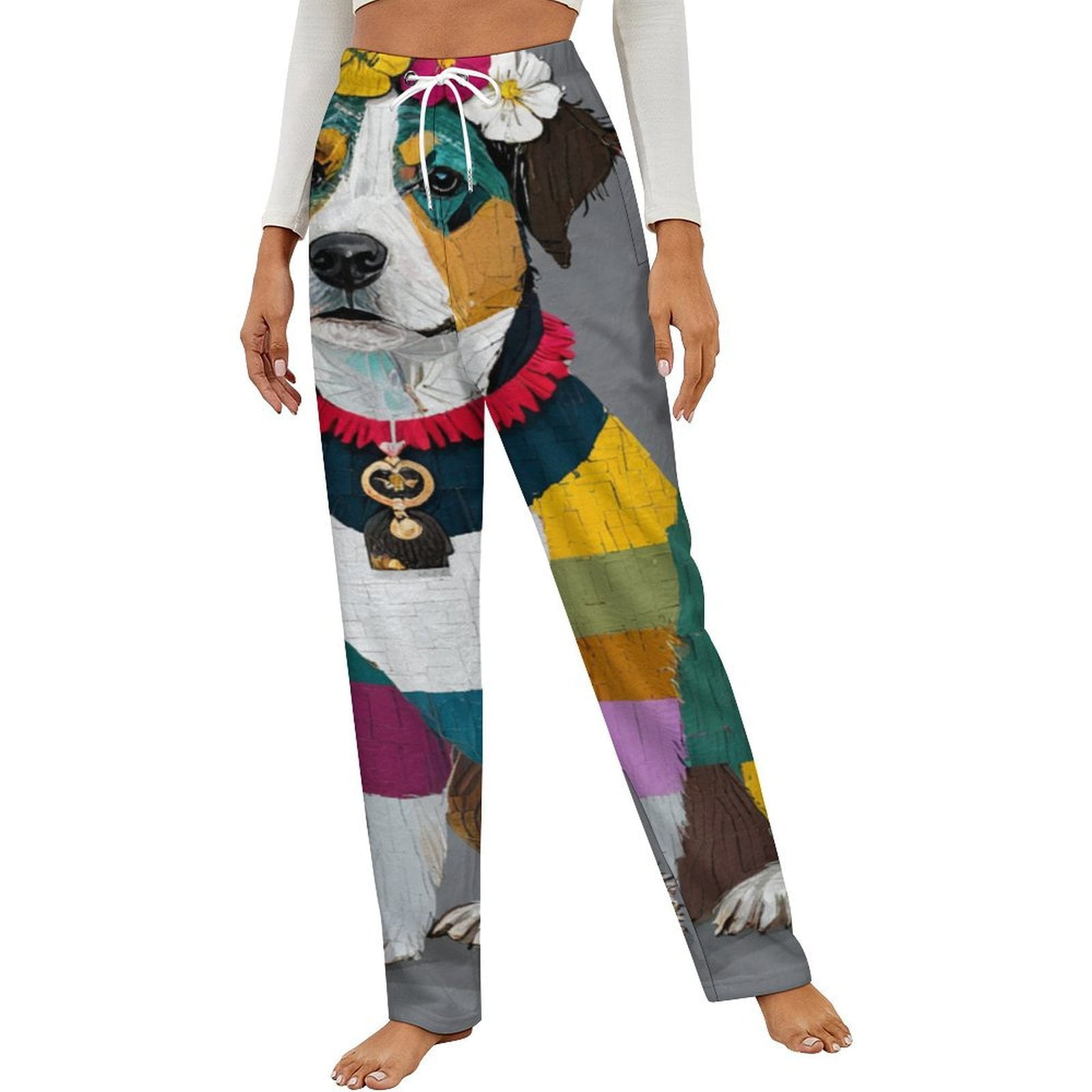Colorful Patchwork Dog Art Winter Female Pants Flannel High Waist Women ...