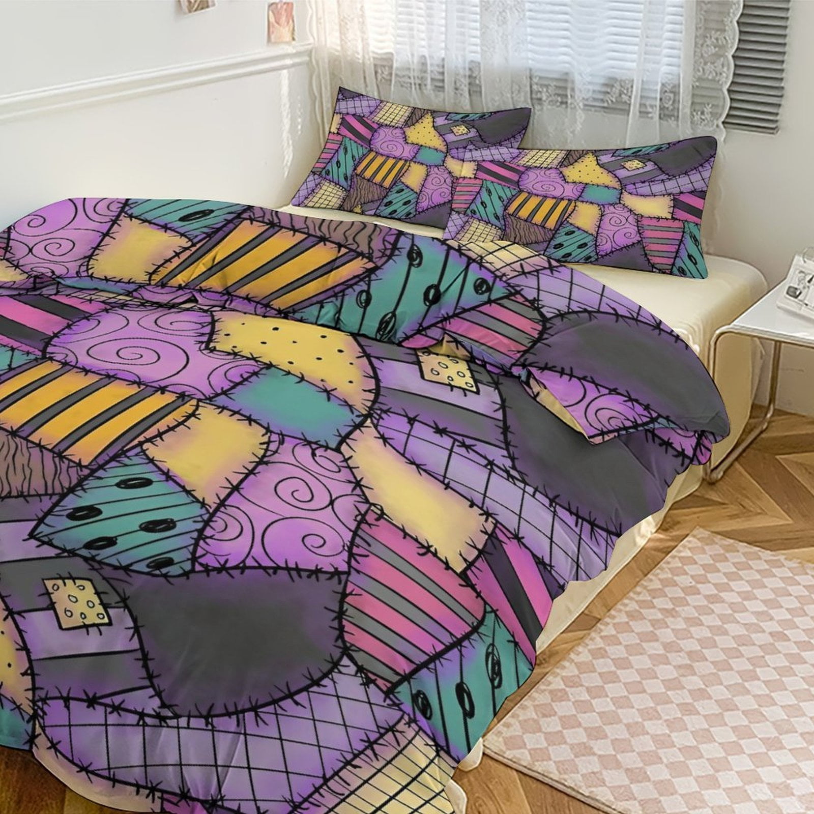 Colorful Patchwork Quilt Print 79"x90" 3 Pcs Soft Bedding Set, Includes ...