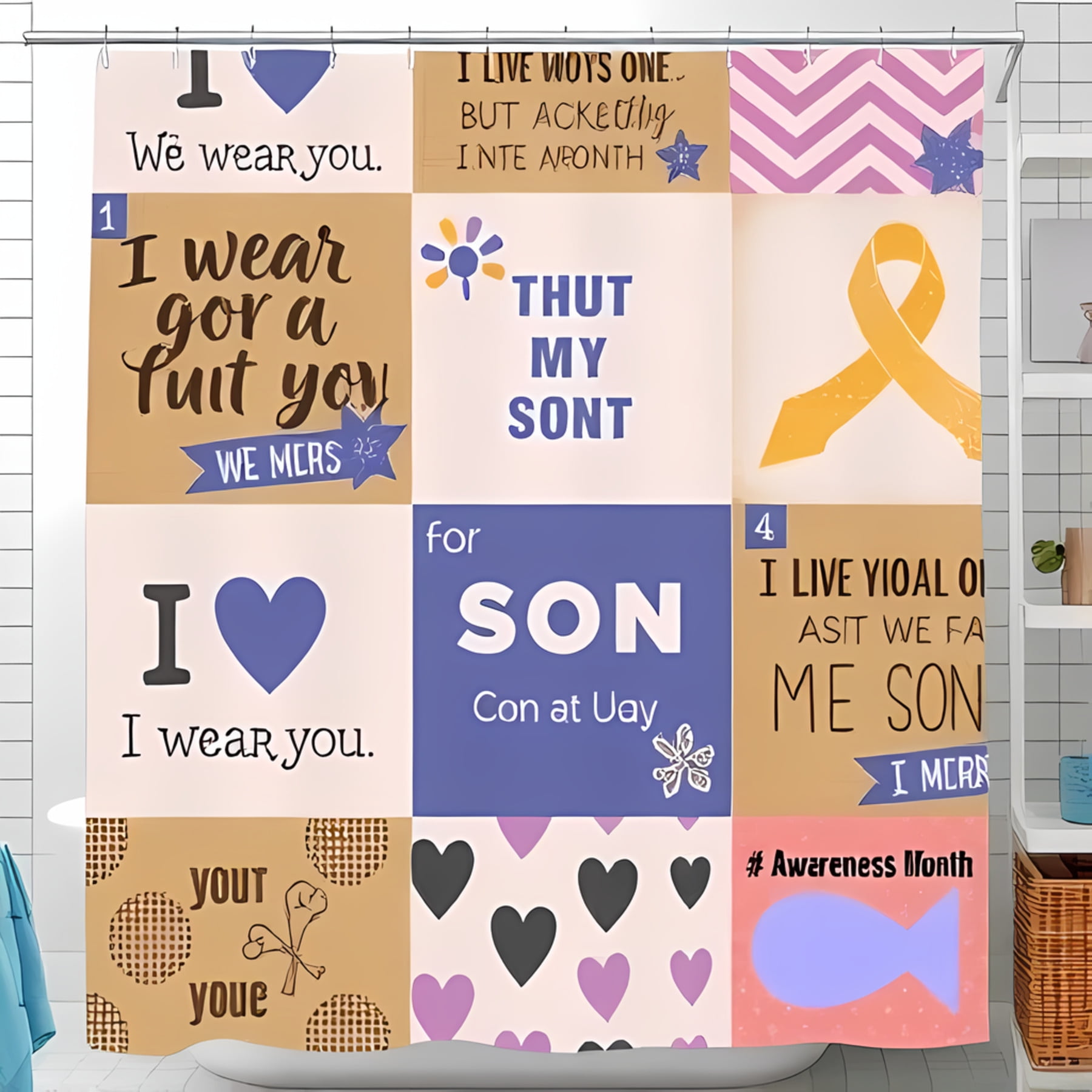 Colorful Patchwork Shower Curtain with Heartfelt Messages Vibrant ...