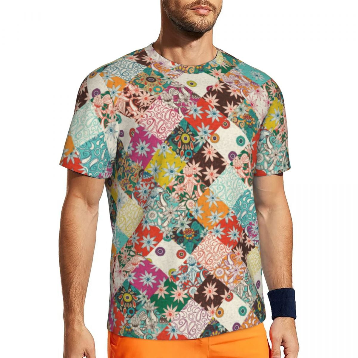 Colorful Patchwork T-Shirt Men Tribal Ethnic Streetwear Sports T Shirts Fast Dry Beach Har ...