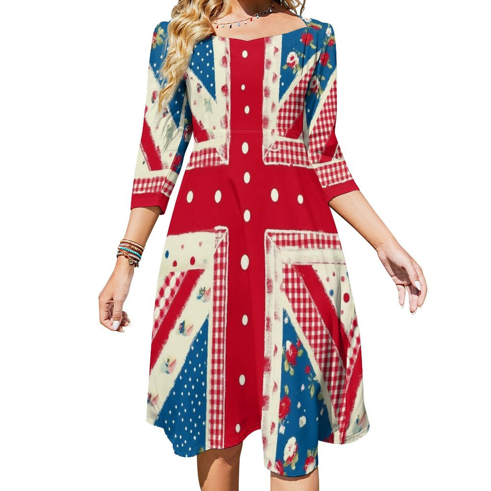 Colorful Patchwork Union Jack Flag-1 Sweetheart Knot Flared Dress ...