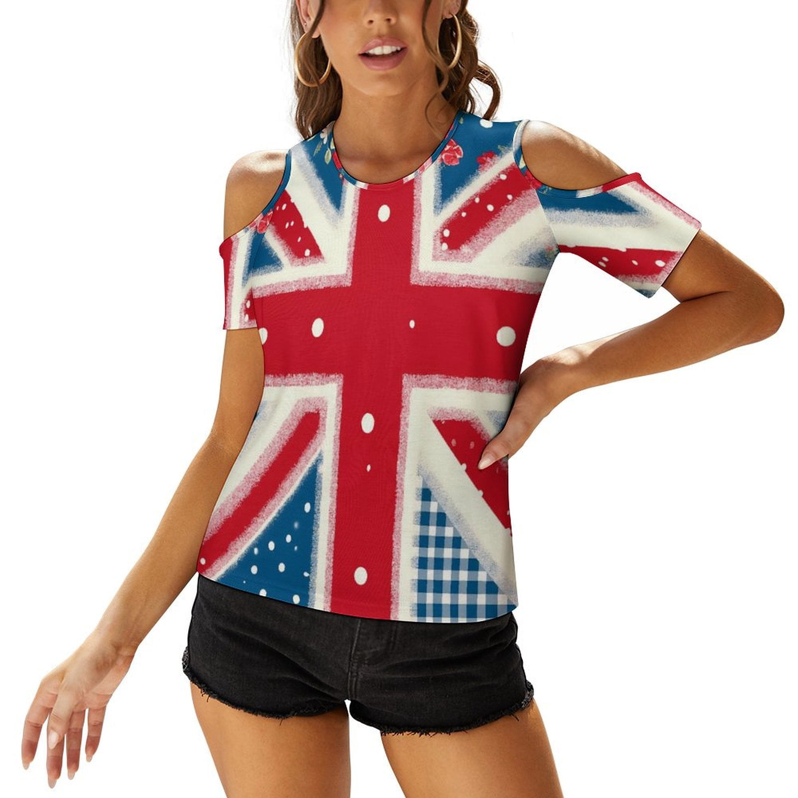 Colorful Patchwork Union Jack Flag-2 Women's Off Shoulder Tops Casual ...