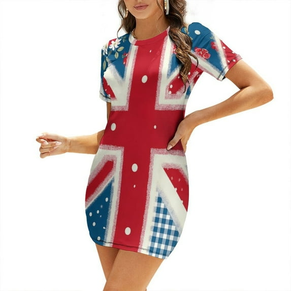 Colorful Patchwork Union Jack Flag Sweet Elegant Short Sleeves Dress ...