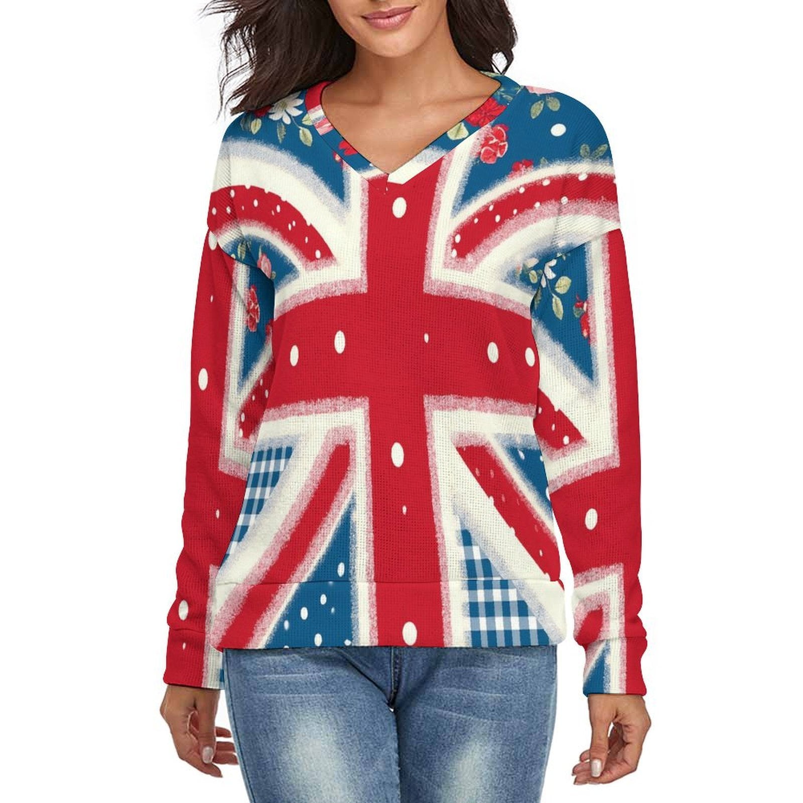 Colorful Patchwork Union Jack Flag V-neck Sweater Winter Clothes Long ...