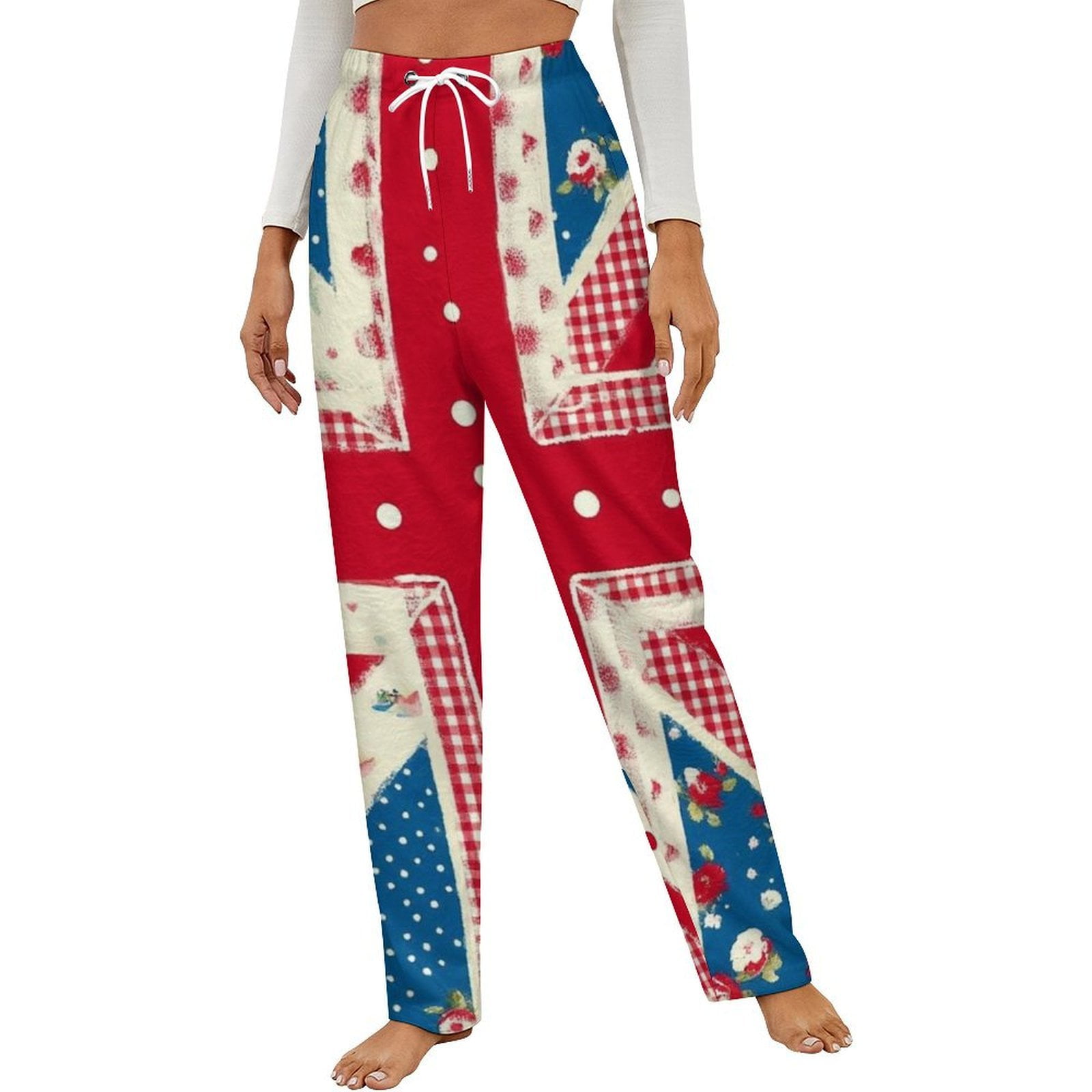 Colorful Patchwork Union Jack Flag Winter Female Pants Flannel High Waist Women Pants Lady Warm ...