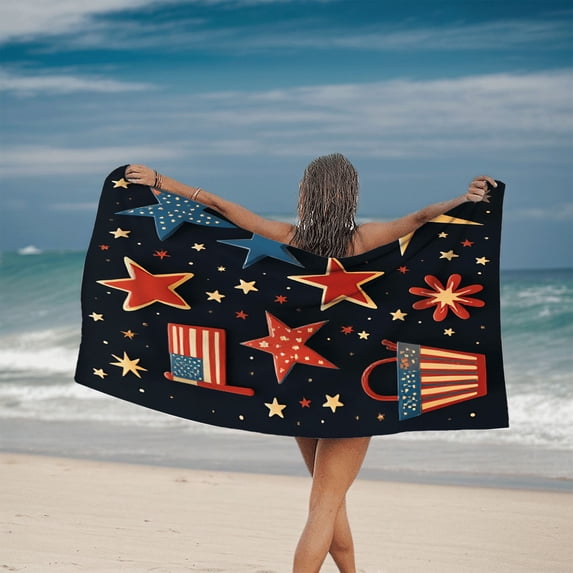 Colorful Patriotic Stars Beach Towel - Red Blue & Yellow Stars on Dark ...