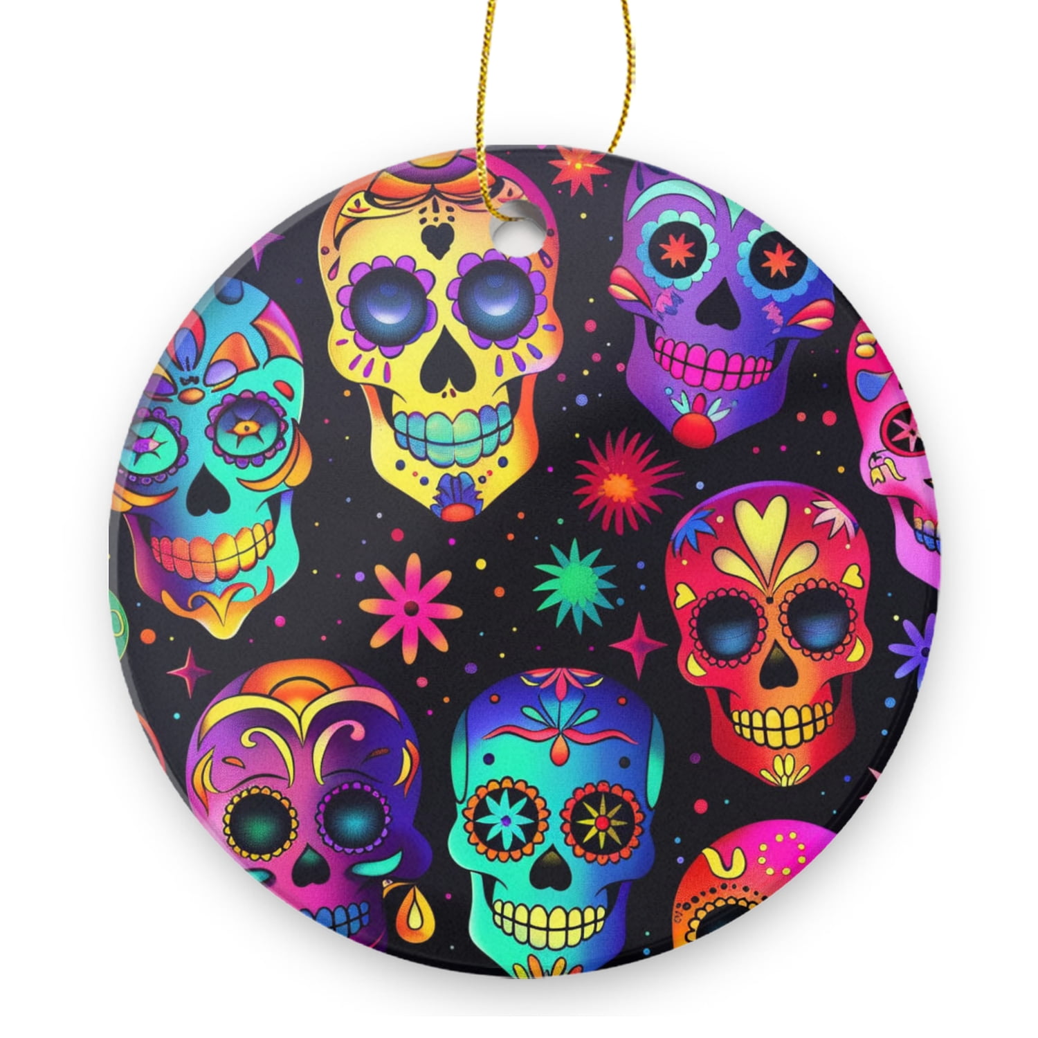 Colorful Pattern of Skulls on Black Background - Christmas Ornament ...
