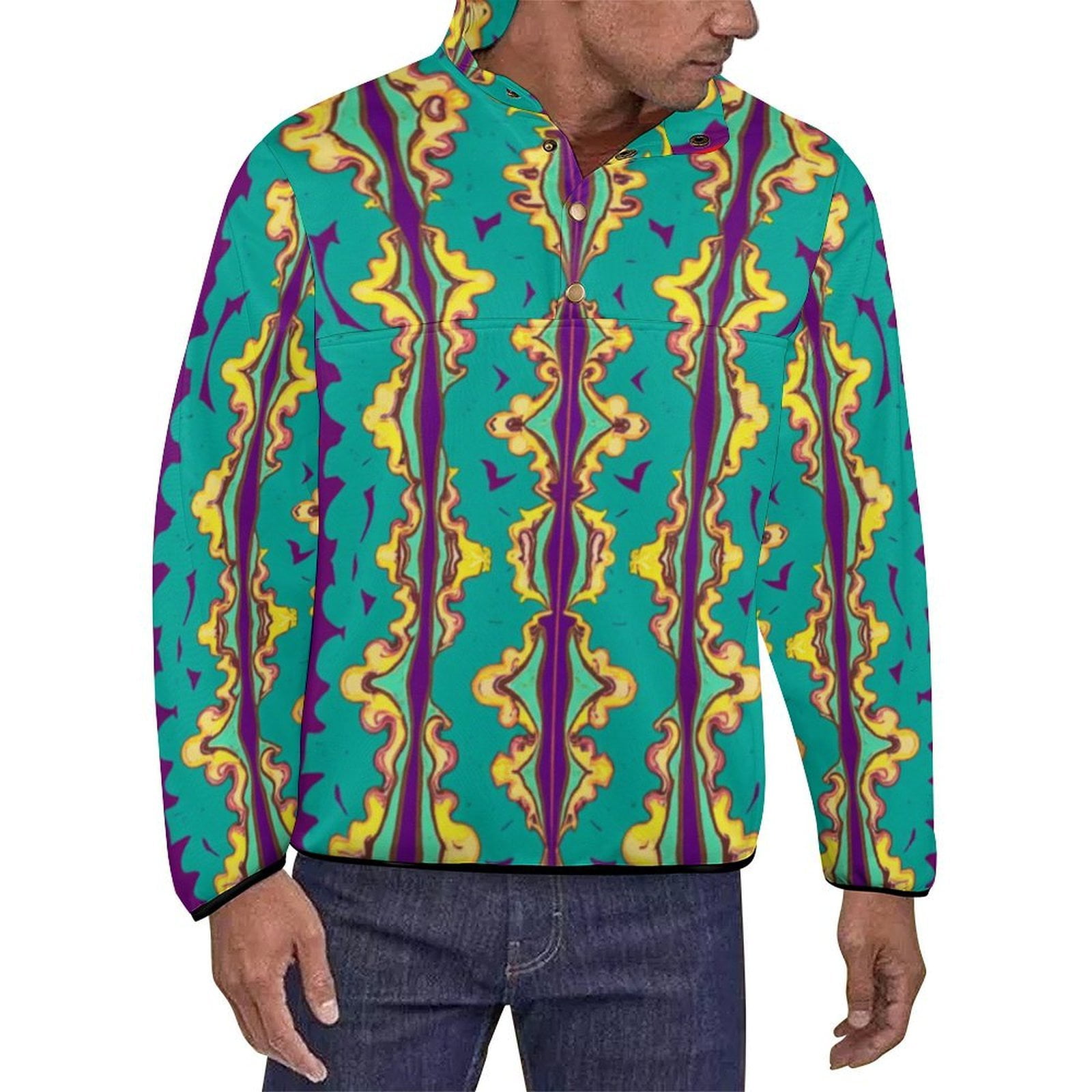 Colorful Patterned Symmetrical Design Men's Stand Collar Sweater Long ...