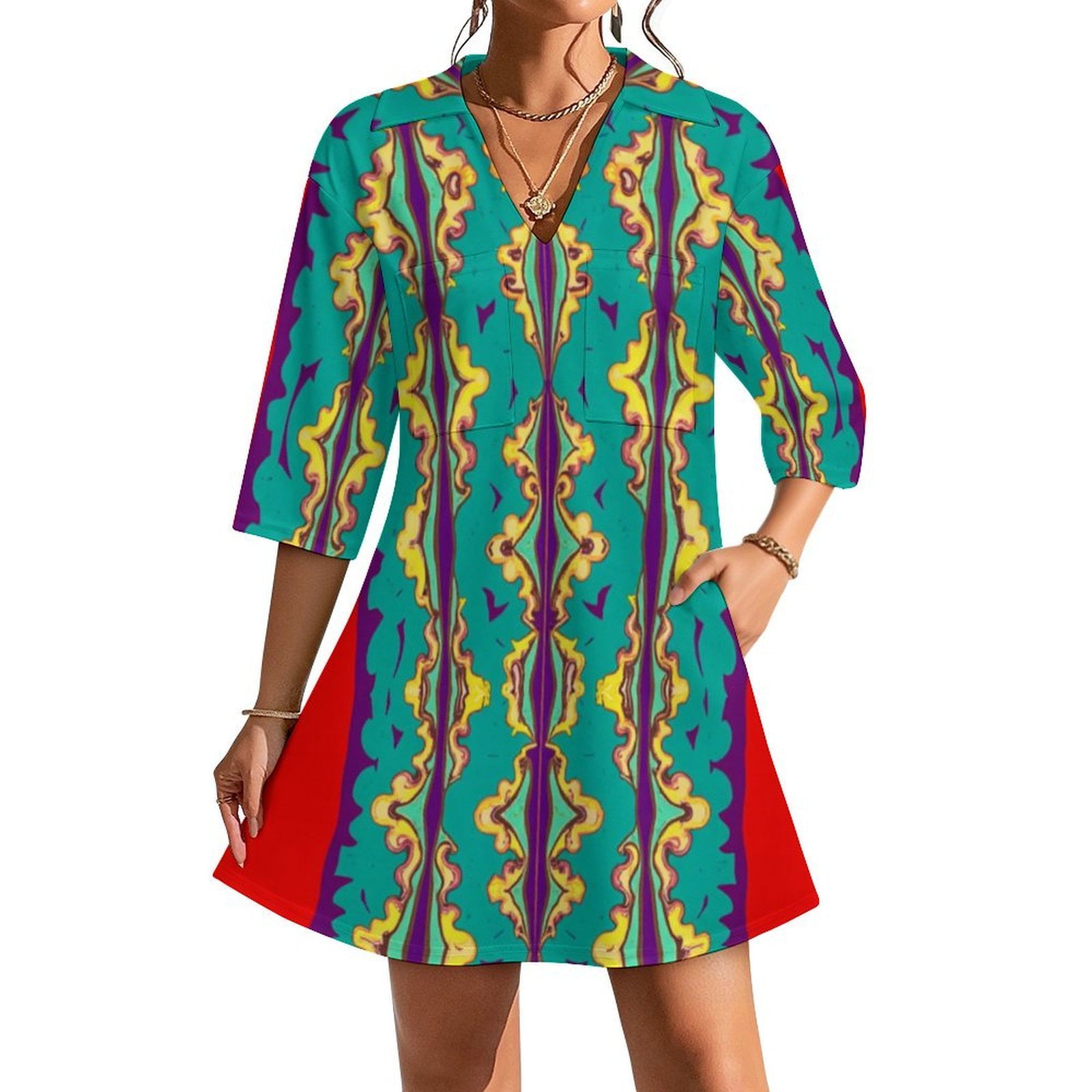 Colorful Patterned Symmetrical Design Womens Dress With Pockets Summer ...