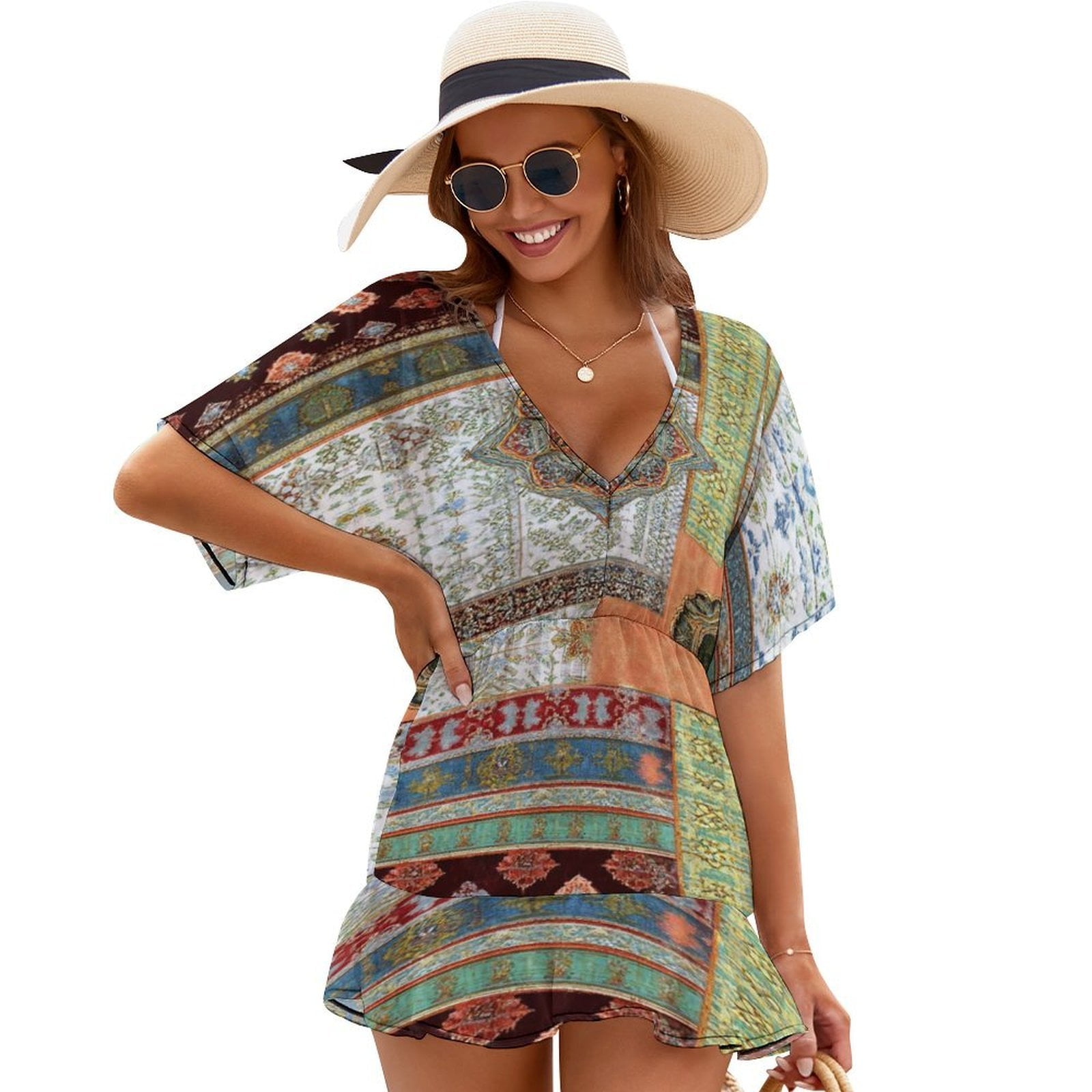 Colorful Patterned Textile Collage Beach Cover Ups Women V Neck Short ...