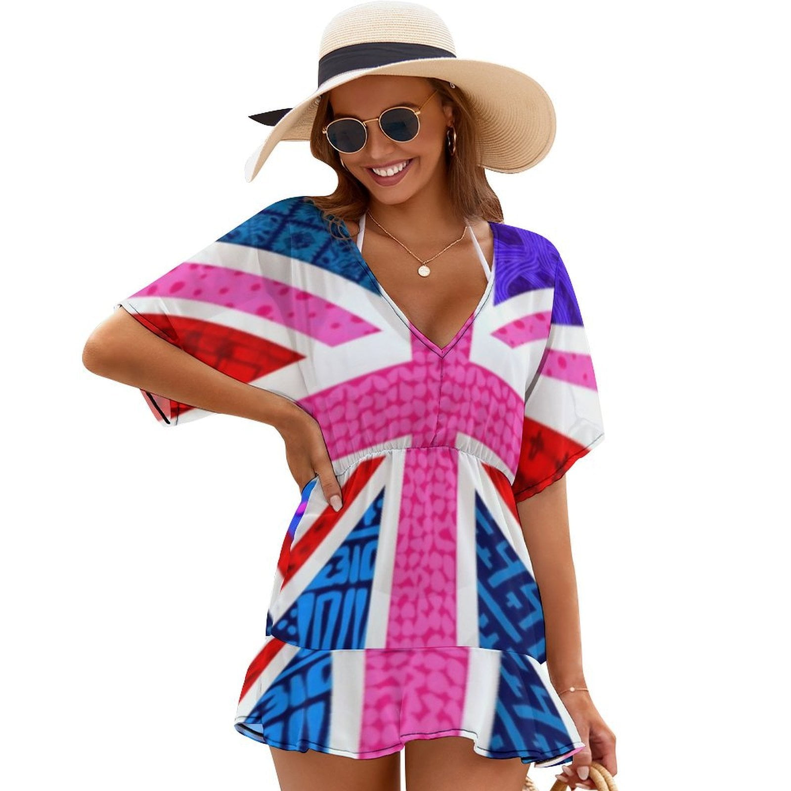 Colorful Patterned Union Jack Beach Cover Ups Women V Neck Short Sleeve ...