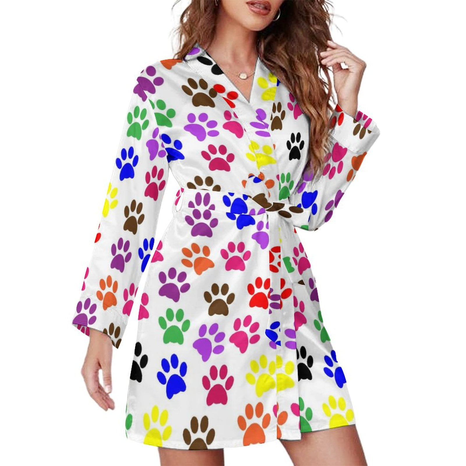 Colorful Paw Print Night Robe Long Sleeve V Neck Robe With Belt Women's ...