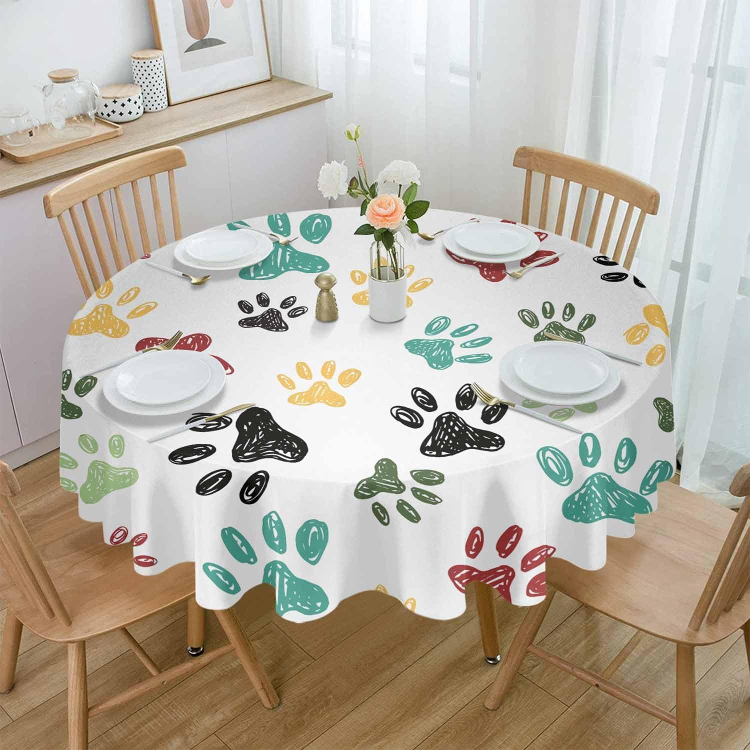 Colorful Paw Print Round Tablecloth 60 Inch - Waterproof Fabric Table ...