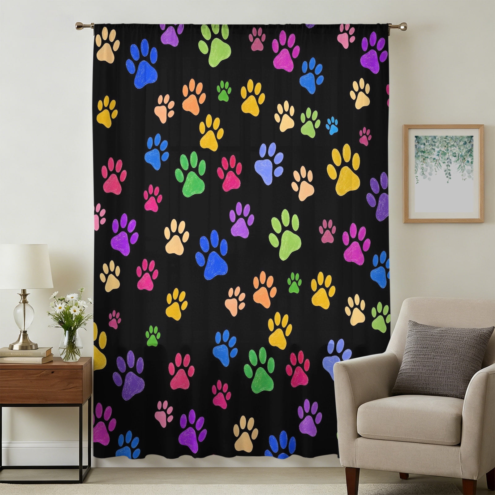 Colorful Paw Print Sheer Curtains 108" Extra Long for Living Room ...