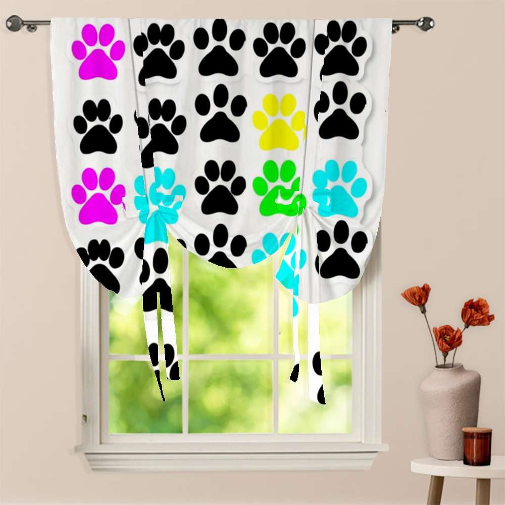 Colorful Paw Prints In Grid Window Curtain for Living Room Roman ...