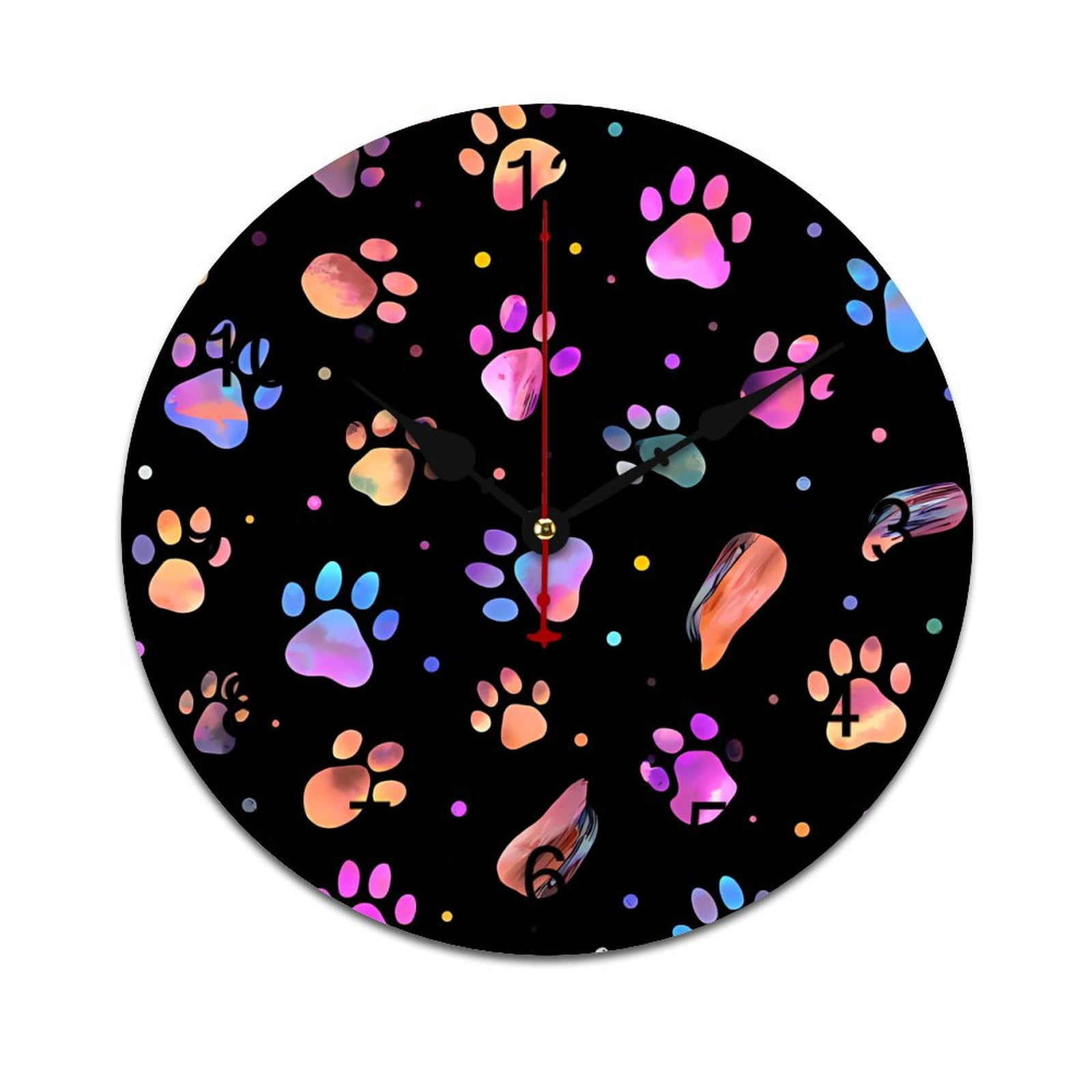 Colorful Paw Prints Printed Silent Wall Clock Round Kitchen Clock Chic ...