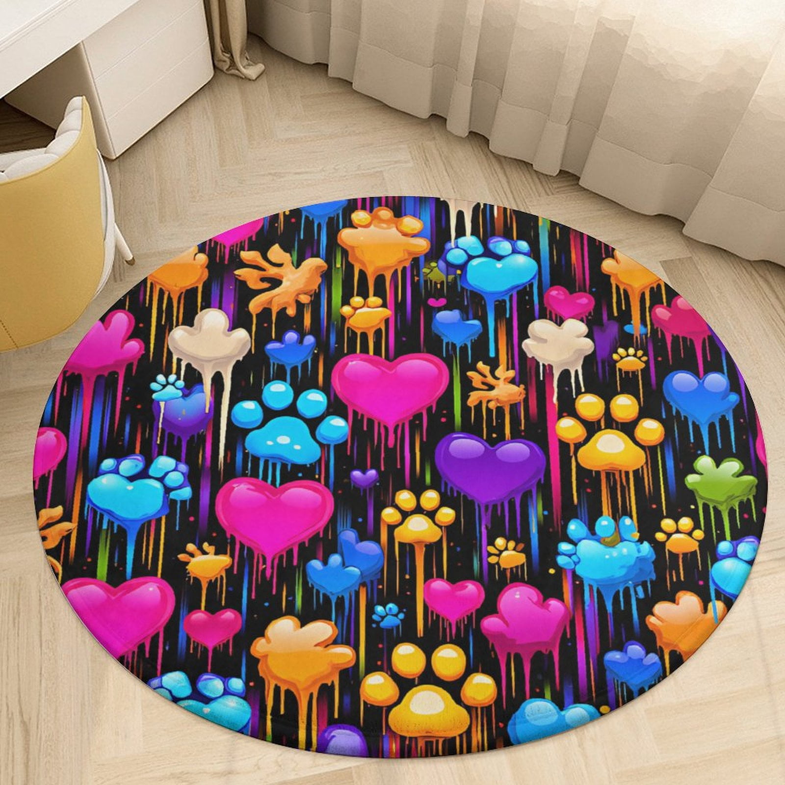 Colorful Paw Prints Round Area Rugs for Bedroom Living Room, 4FT Soft ...