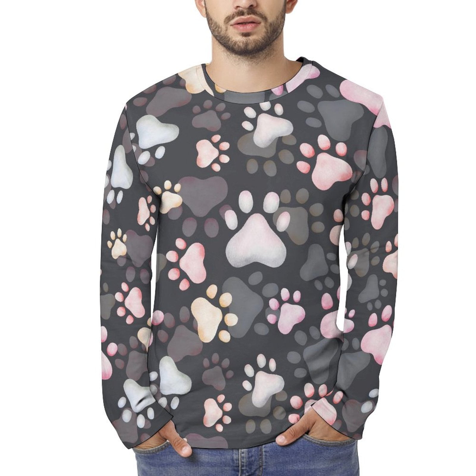 Colorful Paws Of Dog Long Sleeve T Shirts for Men, Crew Neck Mens Long ...