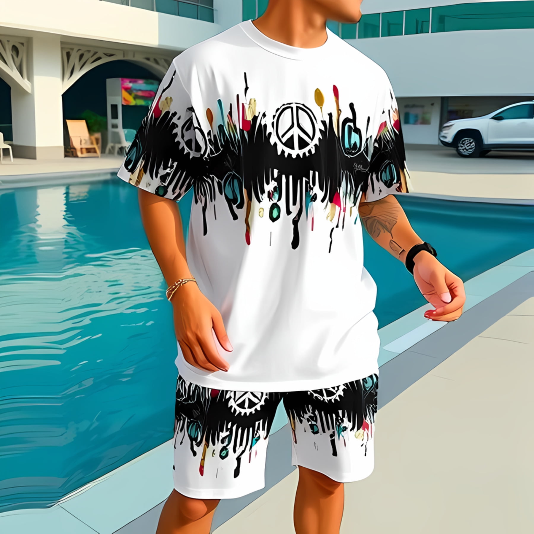 Colorful Peace Dripping Pattern T-Shirt and Shorts Set for Summer Fun ...