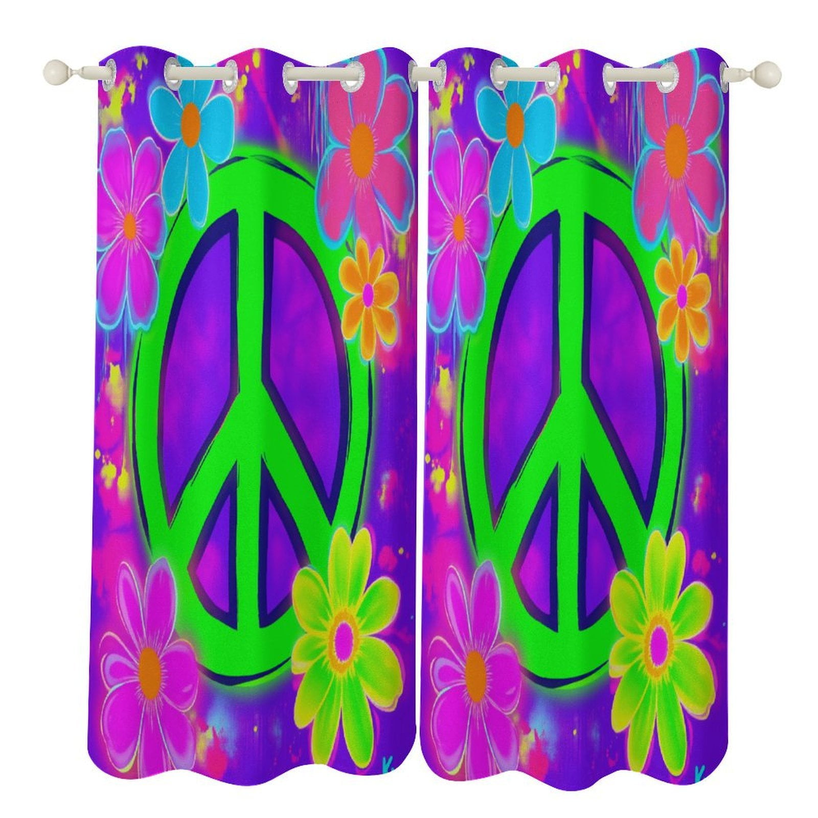 Colorful Peace Sign with Flowers Blackout Curtains Window Drapes Room ...