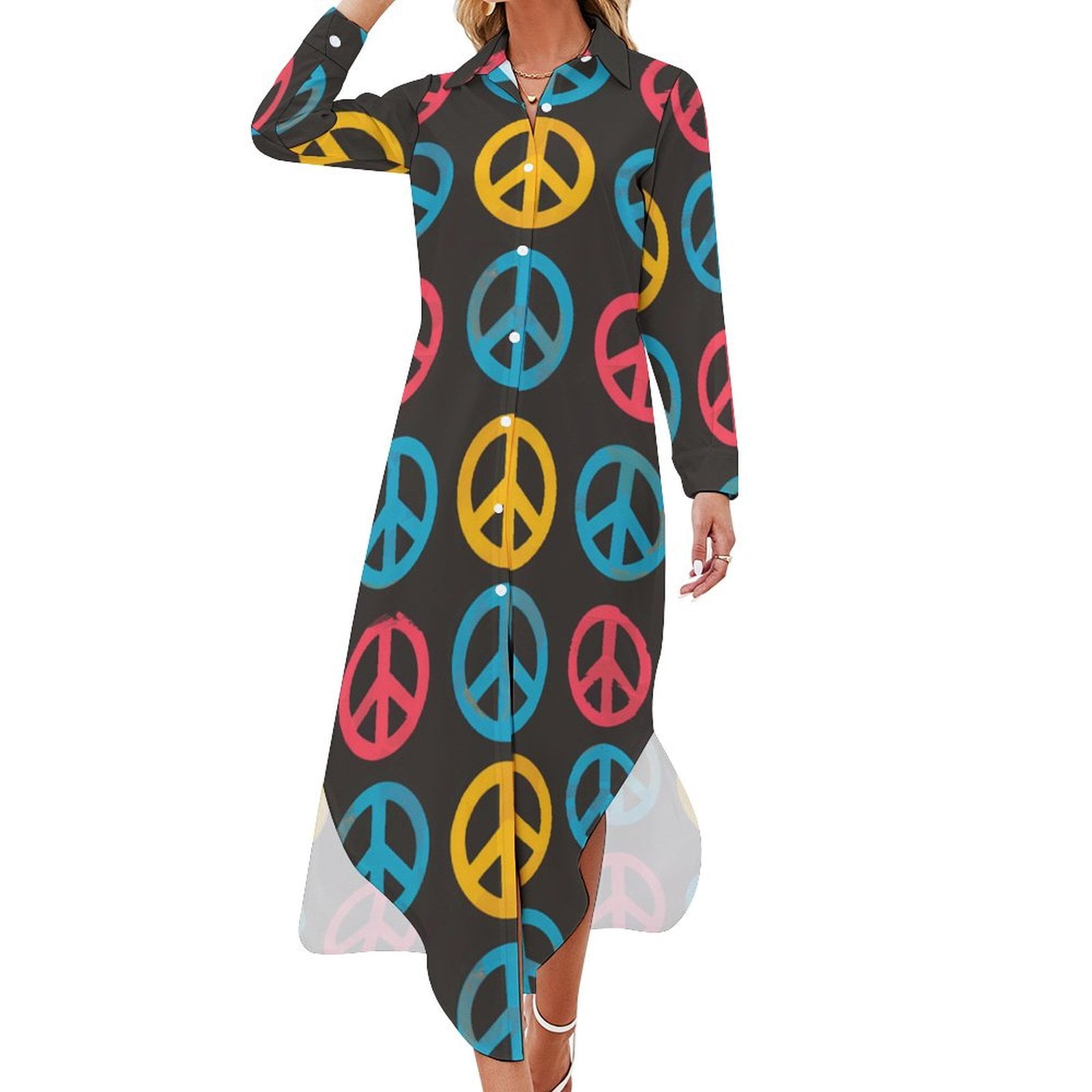 Colorful Peace Sign Women's Maxi T Shirt Dress Long Sleeve Lapel Summer ...