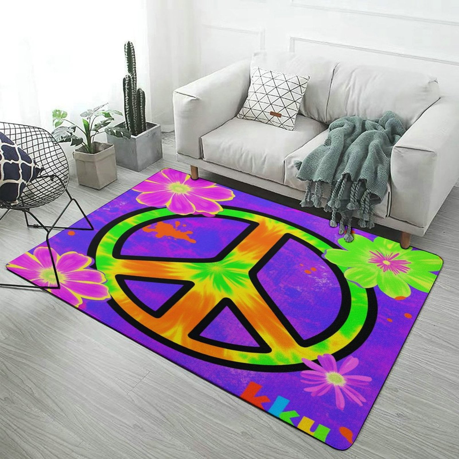 Colorful Peace Sign with Flowers Home Decor Living Room Carpet Non-slip ...