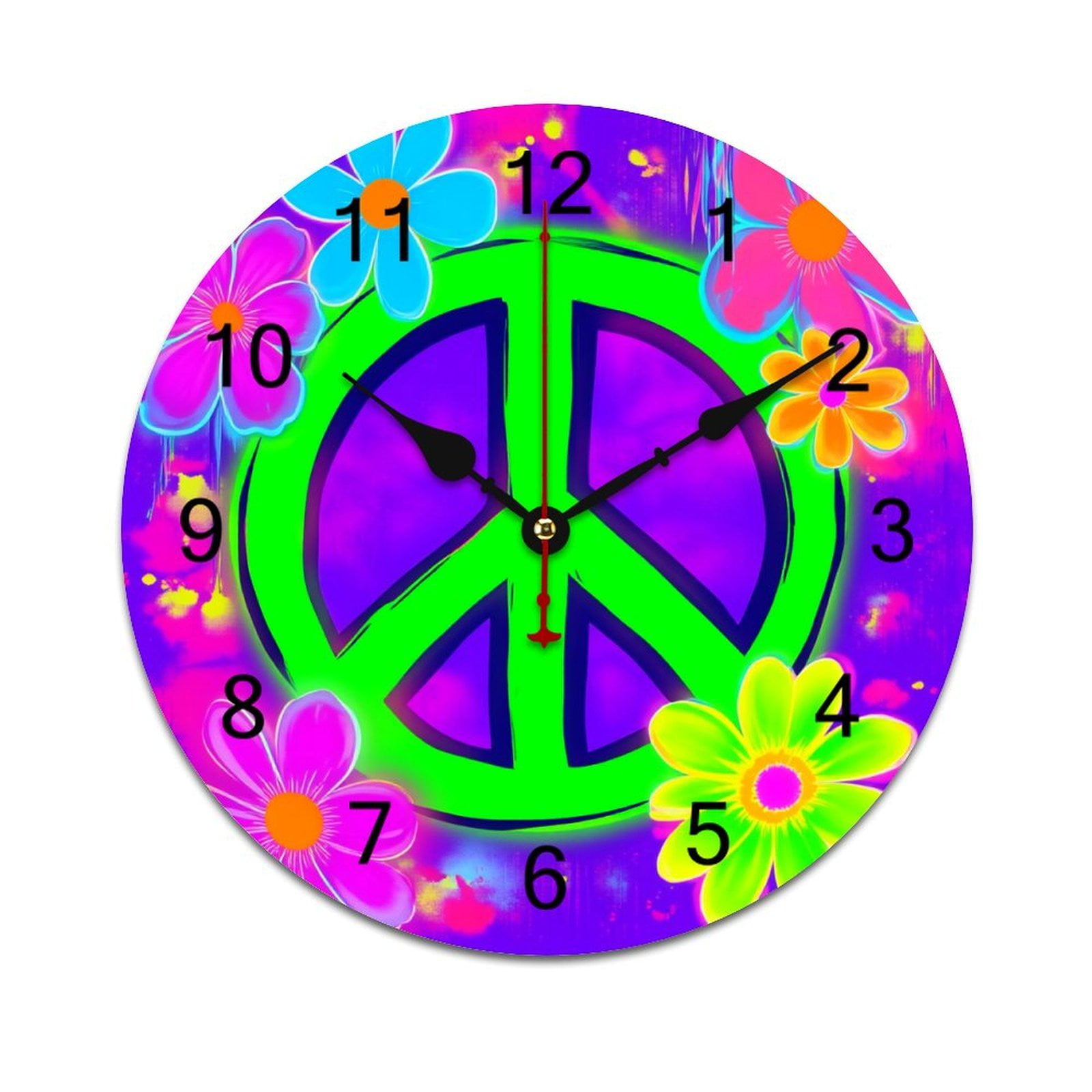 Colorful Peace Sign with Flowers Printed Silent Wall Clock Round ...