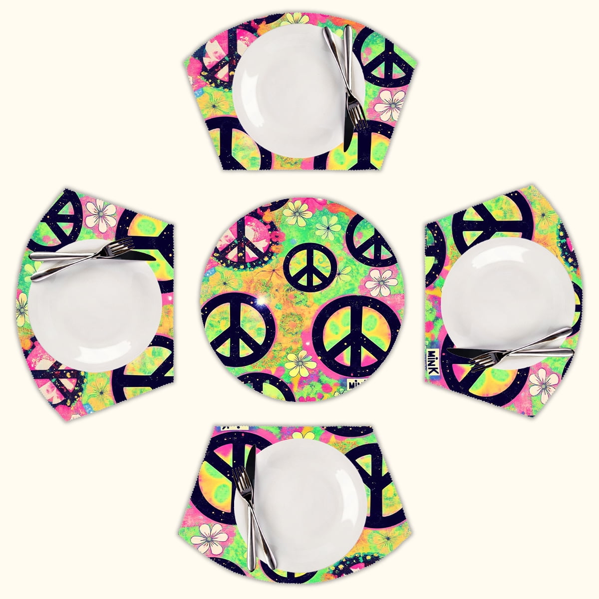 Colorful Peace Signs Pattern Round Table Placemats Set Of 5 Wedge Table ...